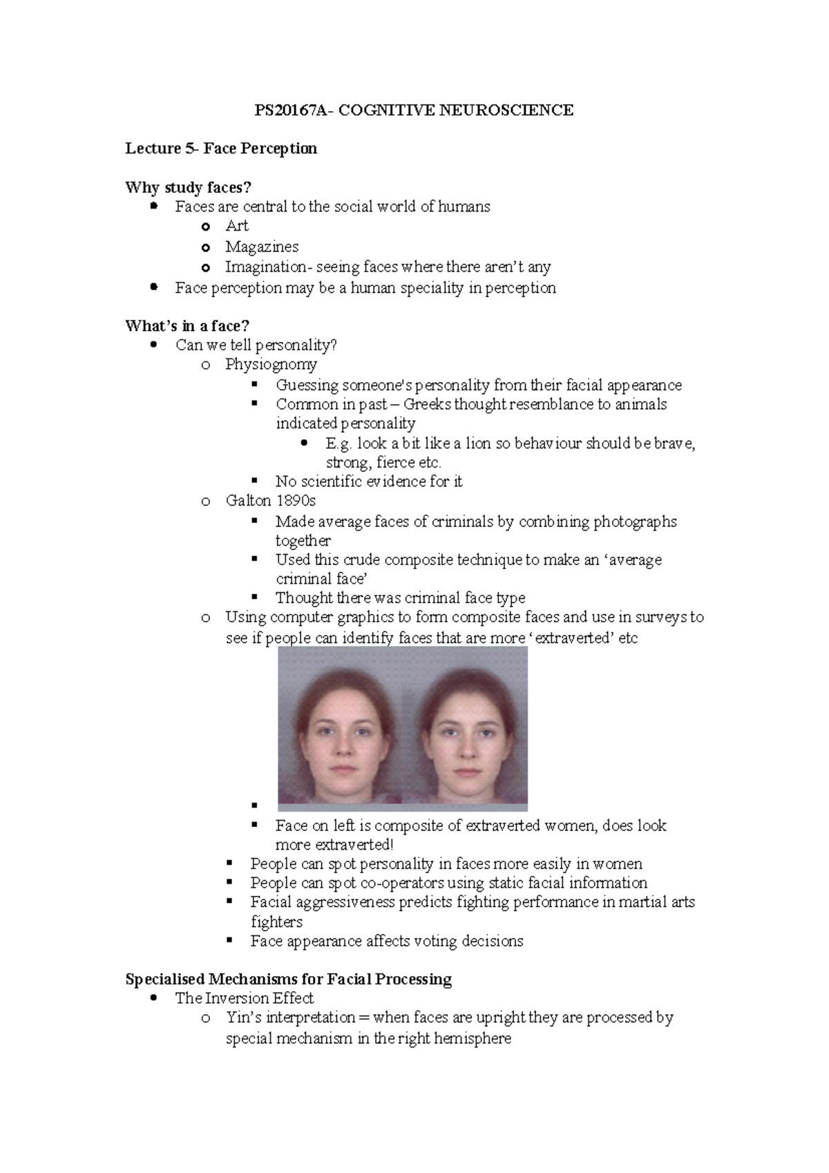 Lecture 5- Face Perception - PS20167A- COGNITIVE NEUROSCIENCE Lecture 5 ...