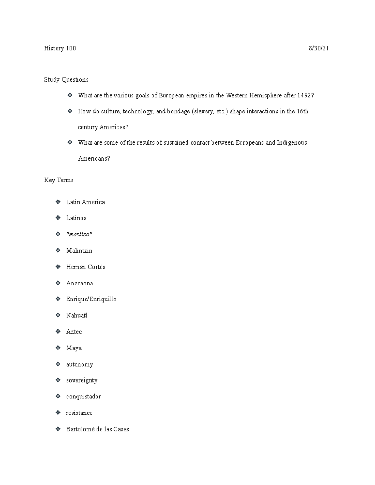 Week 2 Notes - History 100 8/30/ Study Questions What are the various ...