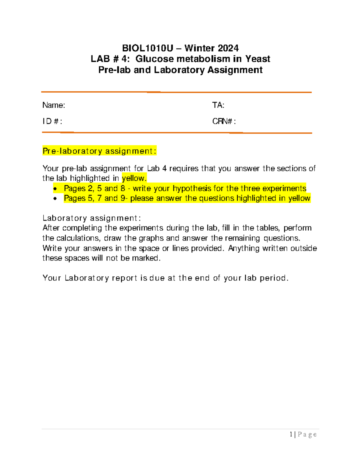 Lab 4- Pre-lab and Lab Assignment-W2024 - BIOL1010U – Winter 2024 LAB # 4: Glucose metabolism in ...