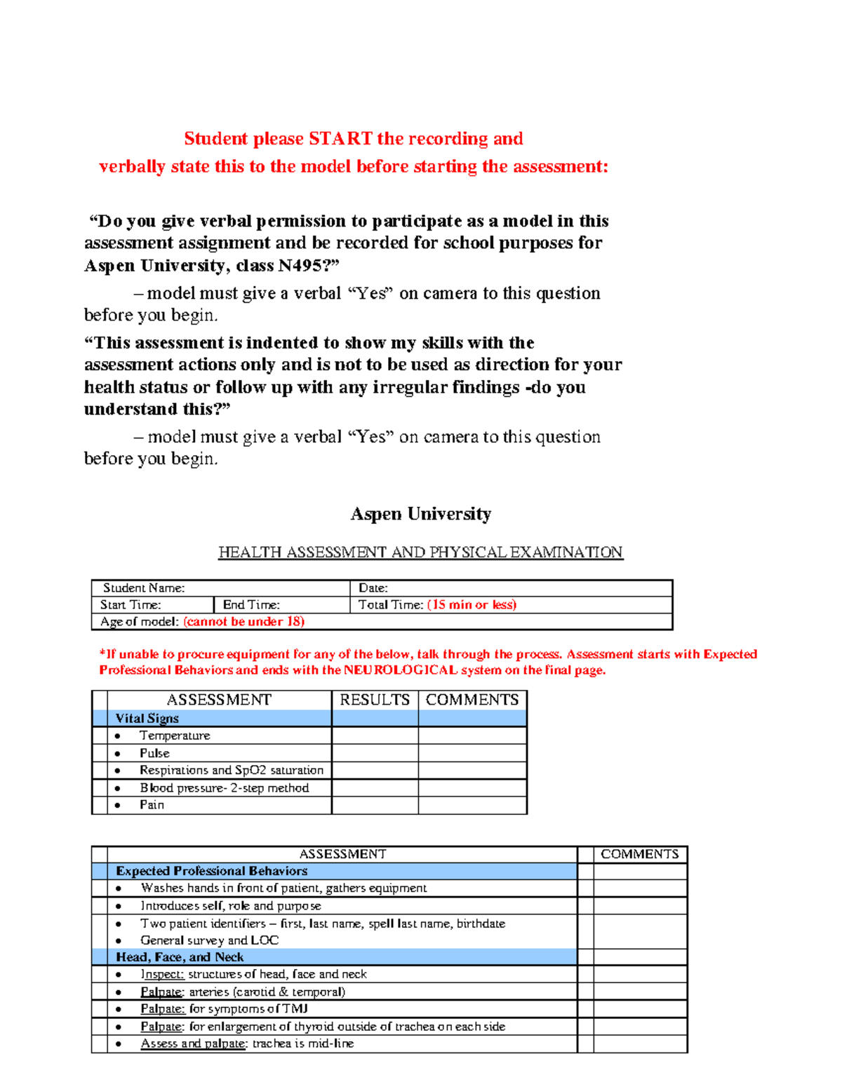 N495 Health Assessment and Physical Examination - Student please START ...
