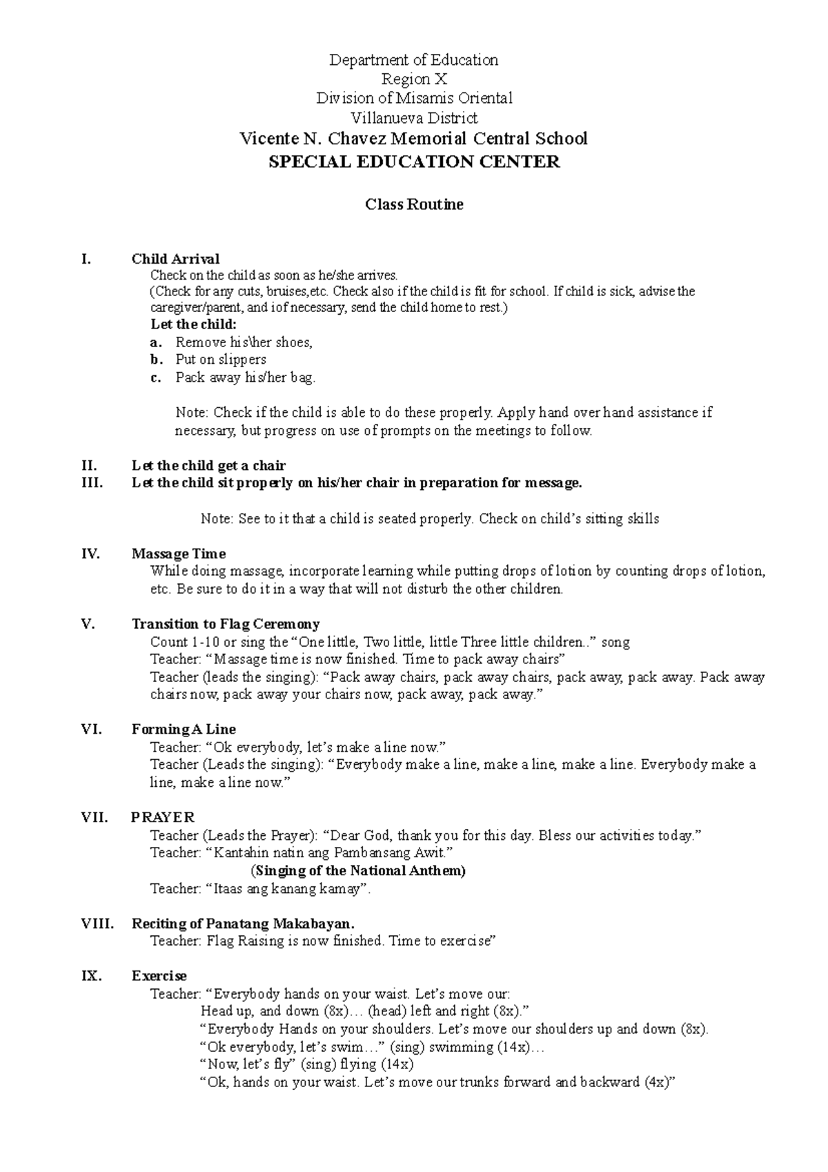 SPED Class Routine - Department of Education Region X Division of ...
