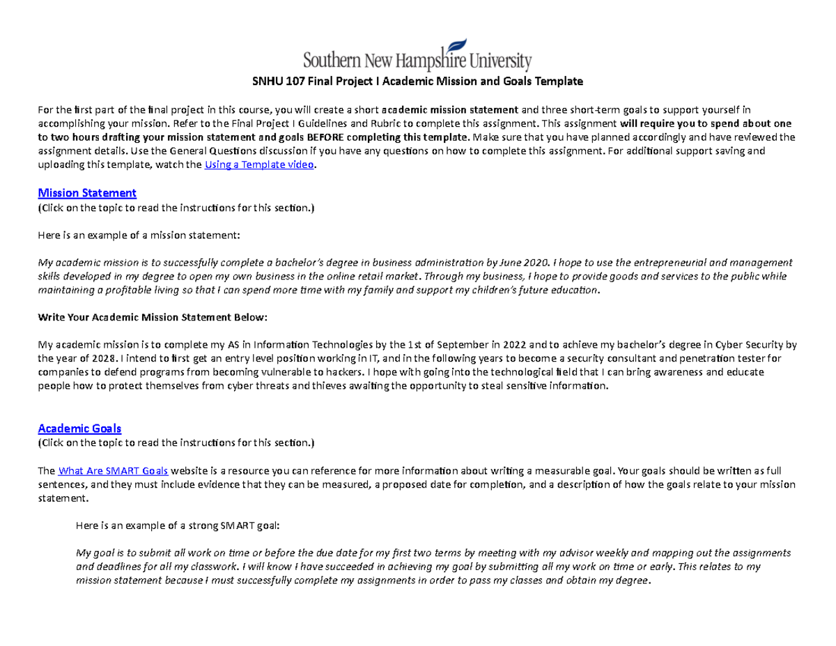 SNHU 107 Final Project I Academic Mission Statement and Goals Template ...