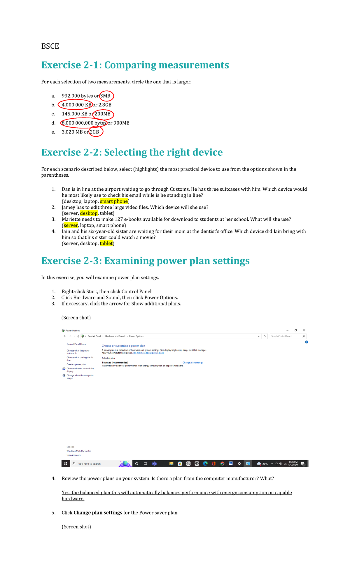 Lab Exercise - Lesson 2 - BSCE Exercise 2-1: Comparing measurements For each selection of two ...