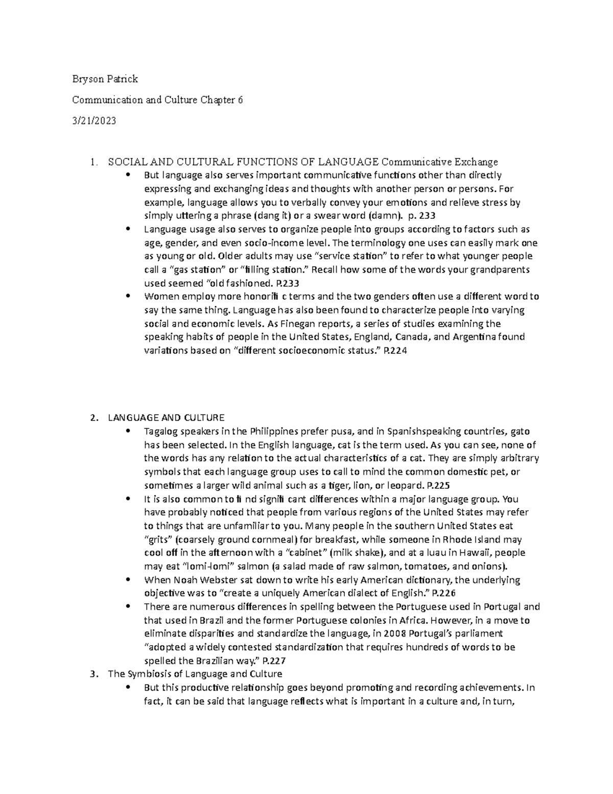 Communication and Culture outline- Bryson P chapter 6 - Bryson Patrick ...