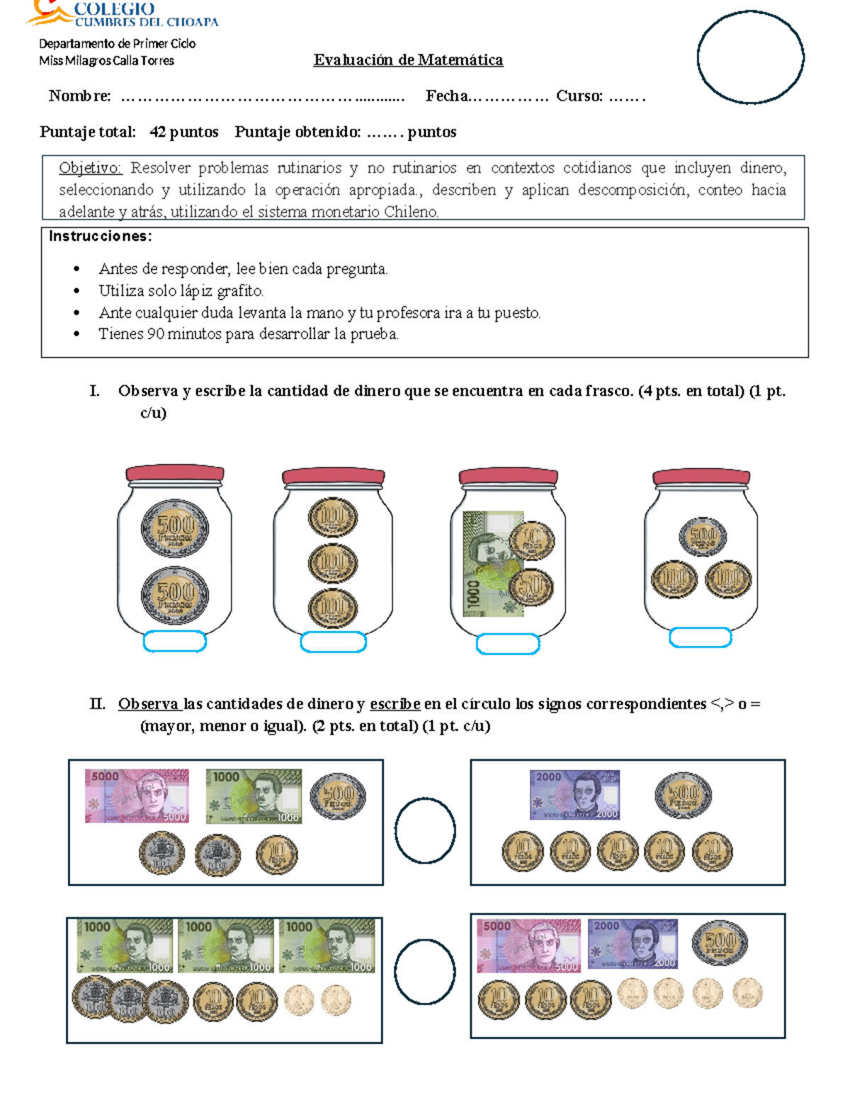 Evaluación de Matemática Sistema Monetario - Departamento de Primer ...