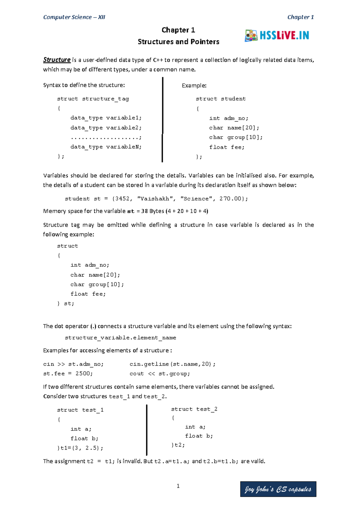 HSSLi VE XII Ch 1 Comp Science Joy John - 1 Chapter 1 Structures and Pointers Structure is a ...
