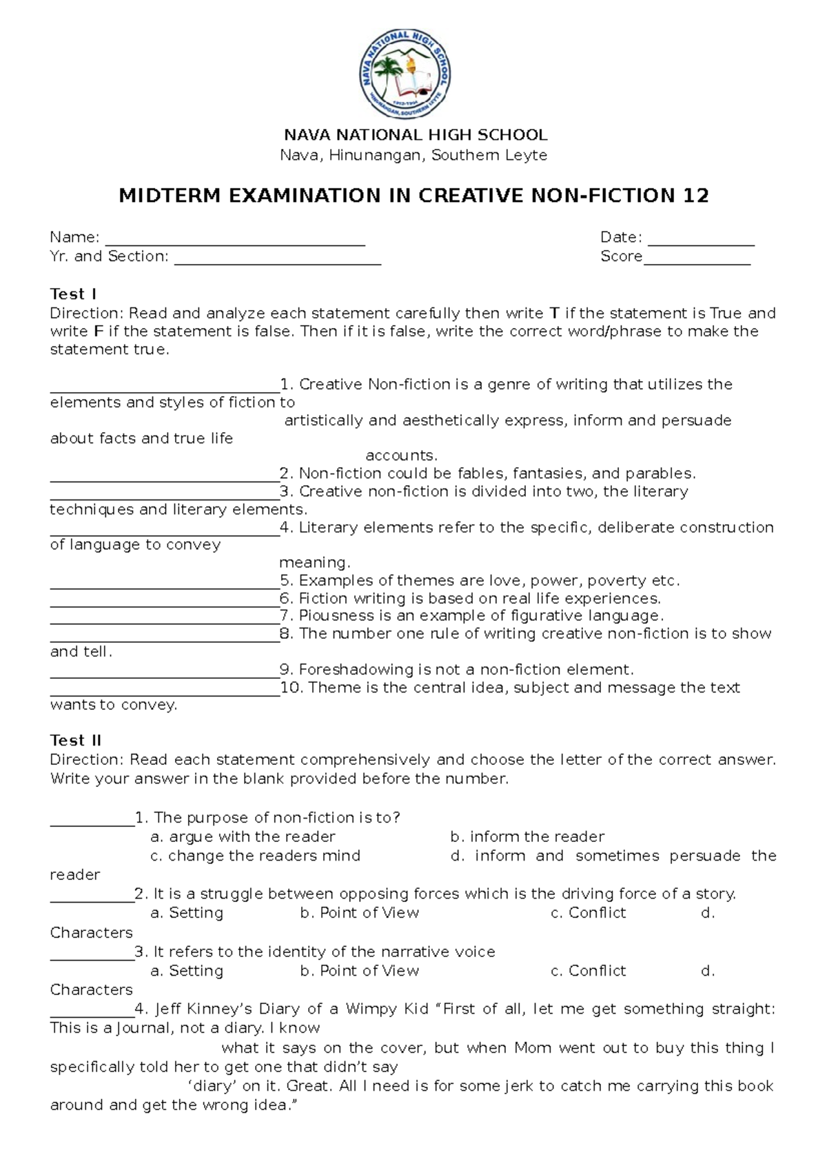 Midterm advance class - NAVA NATIONAL HIGH SCHOOL Nava, Hinunangan ...