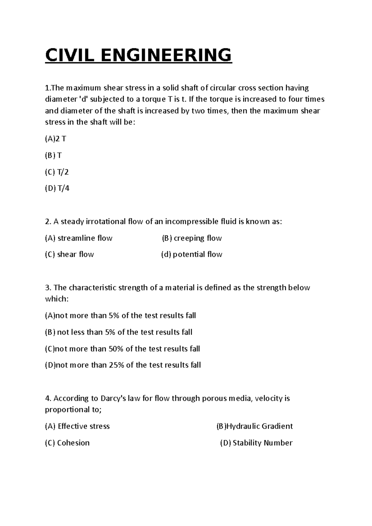 Civil Engineering - Objective questions - CIVIL ENGINEERING 1 maximum ...