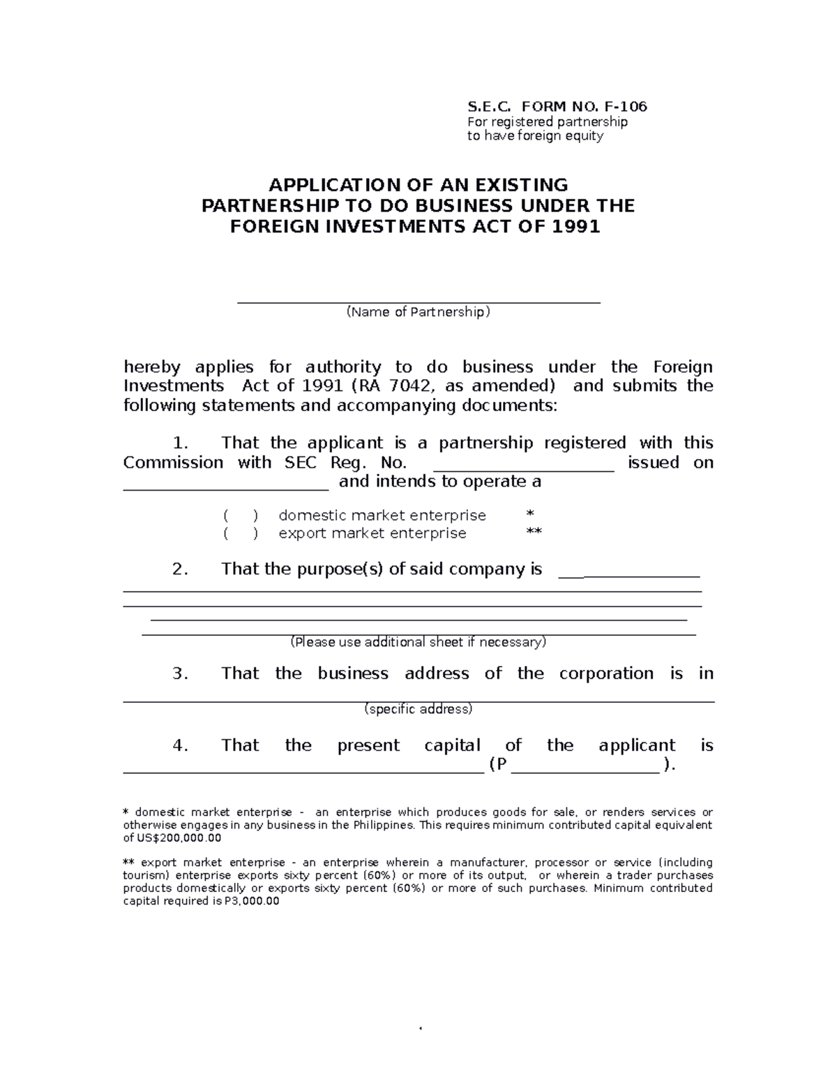 APPLICATION OF AN EXISTING PARTNERSHIP TO DO BUSINESS UNDER THE FOREIGN ...