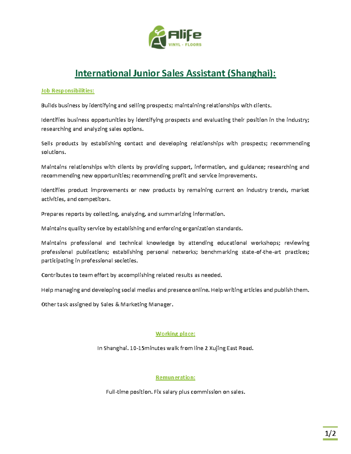 Alifefloor Job Description International Junior Sales Assistant ...