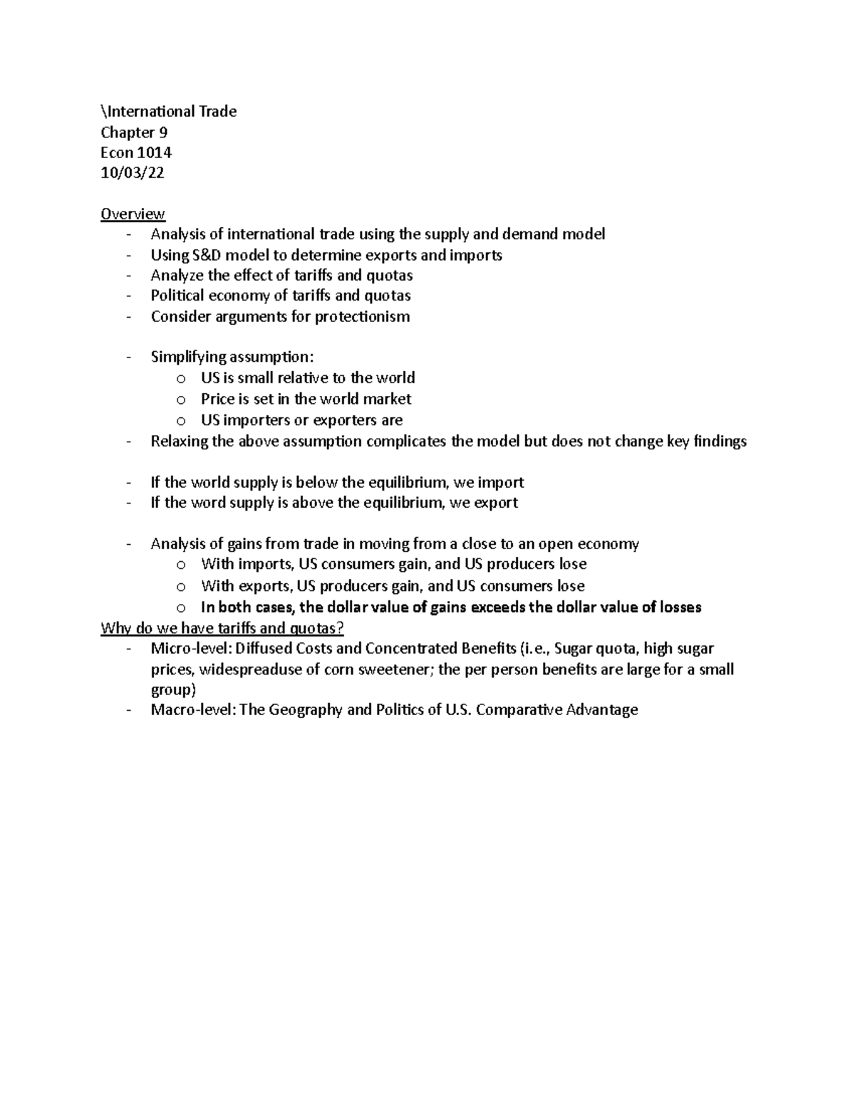 International Trade - \International Trade Chapter 9 Econ 1014 10/03 ...