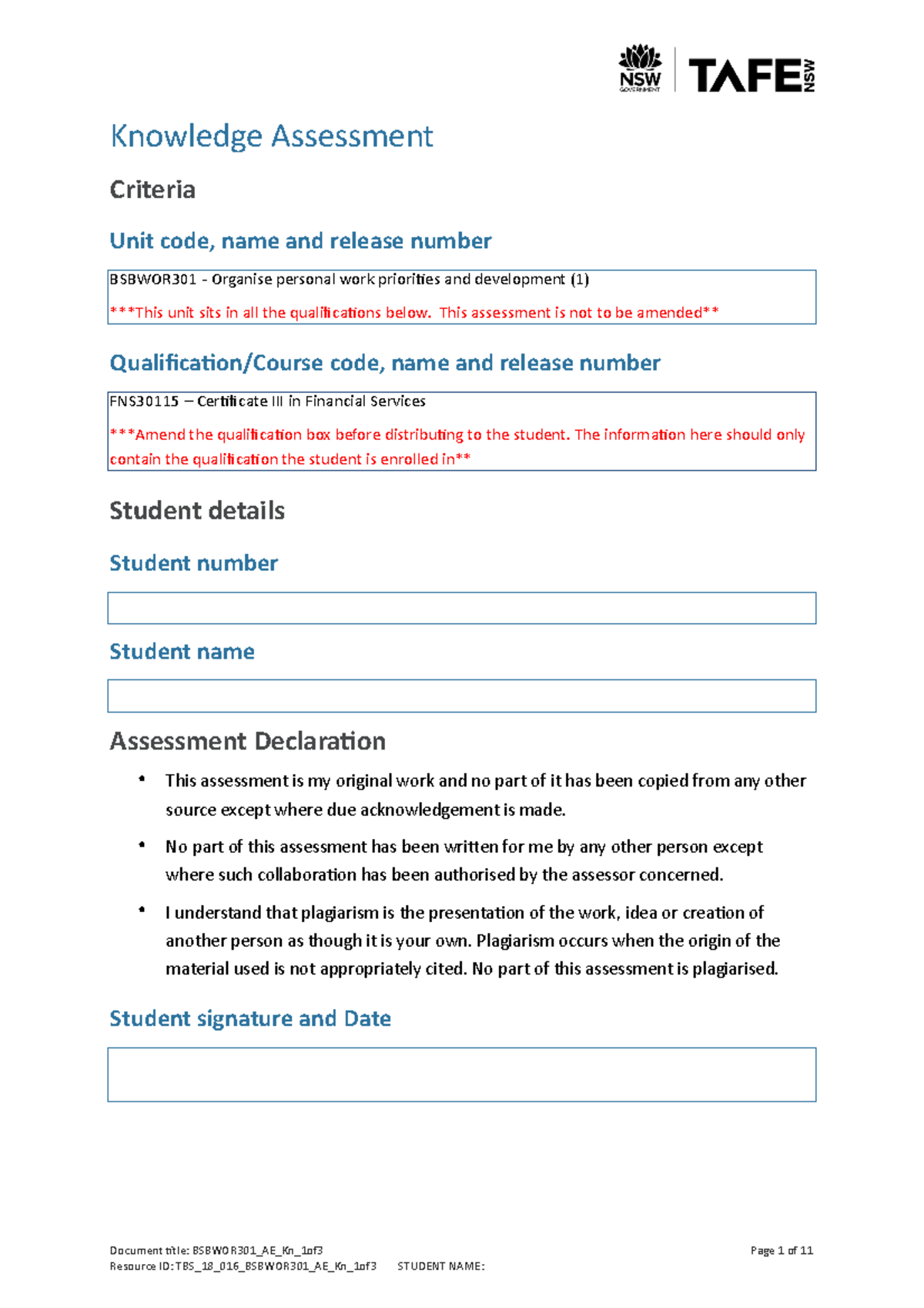 Bsbwor 301 AE Kn 1of3 - knowage assesment - Knowledge Assessment ...