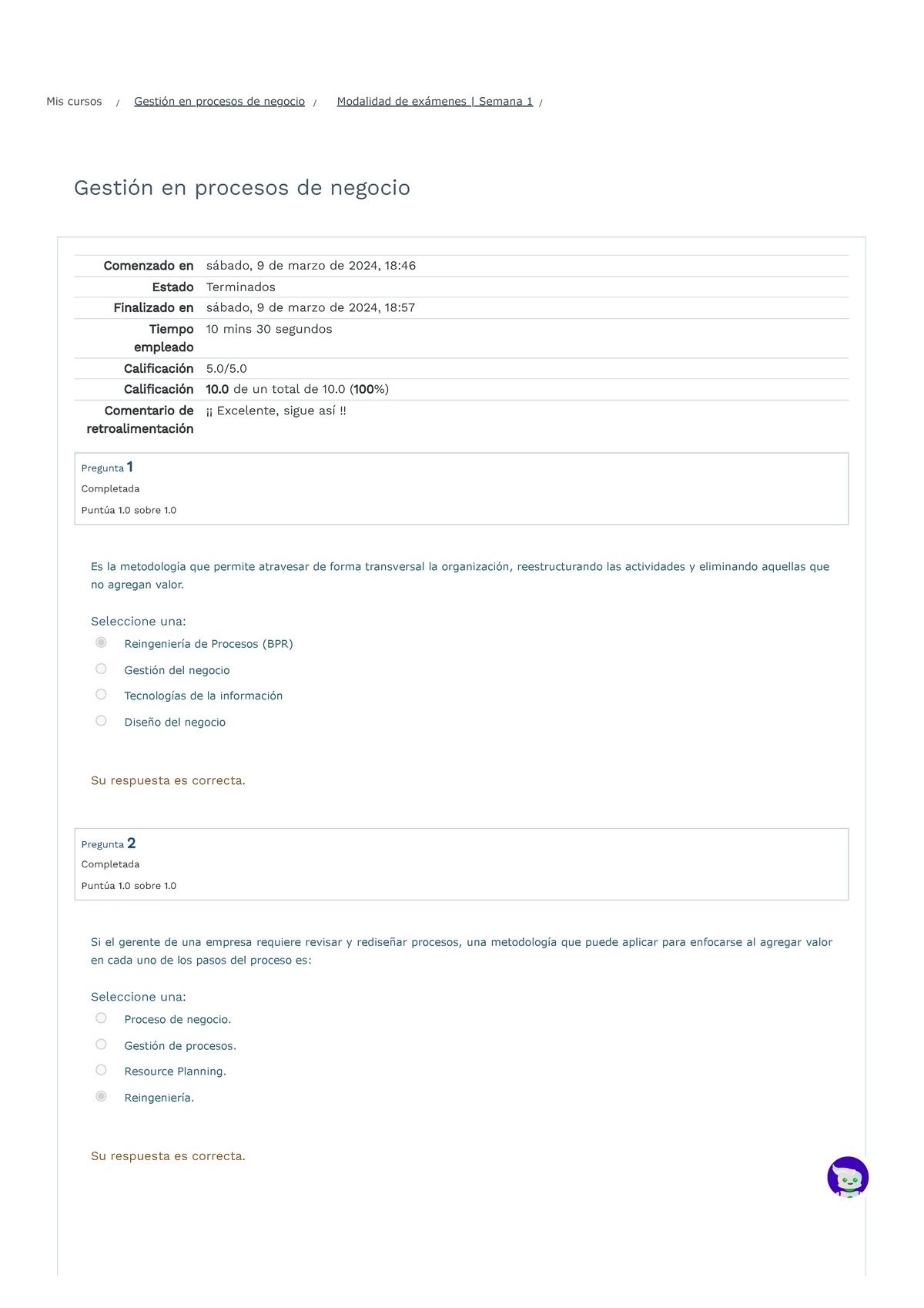 Modalidad de exámenes Semana 1 Revisión del intento - Gestión en procesos de negocio Comenzado ...