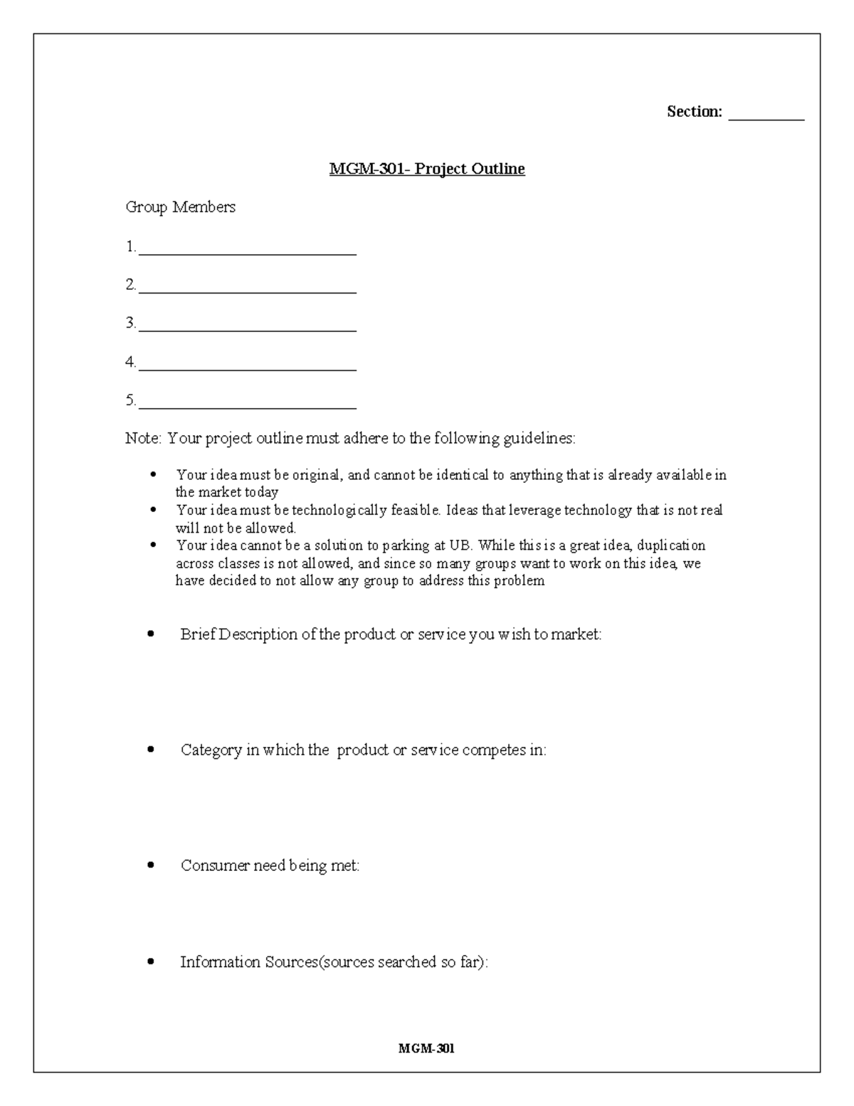 MGM 301 Project Outline - Section: _________ MGM-301- Project Outline ...