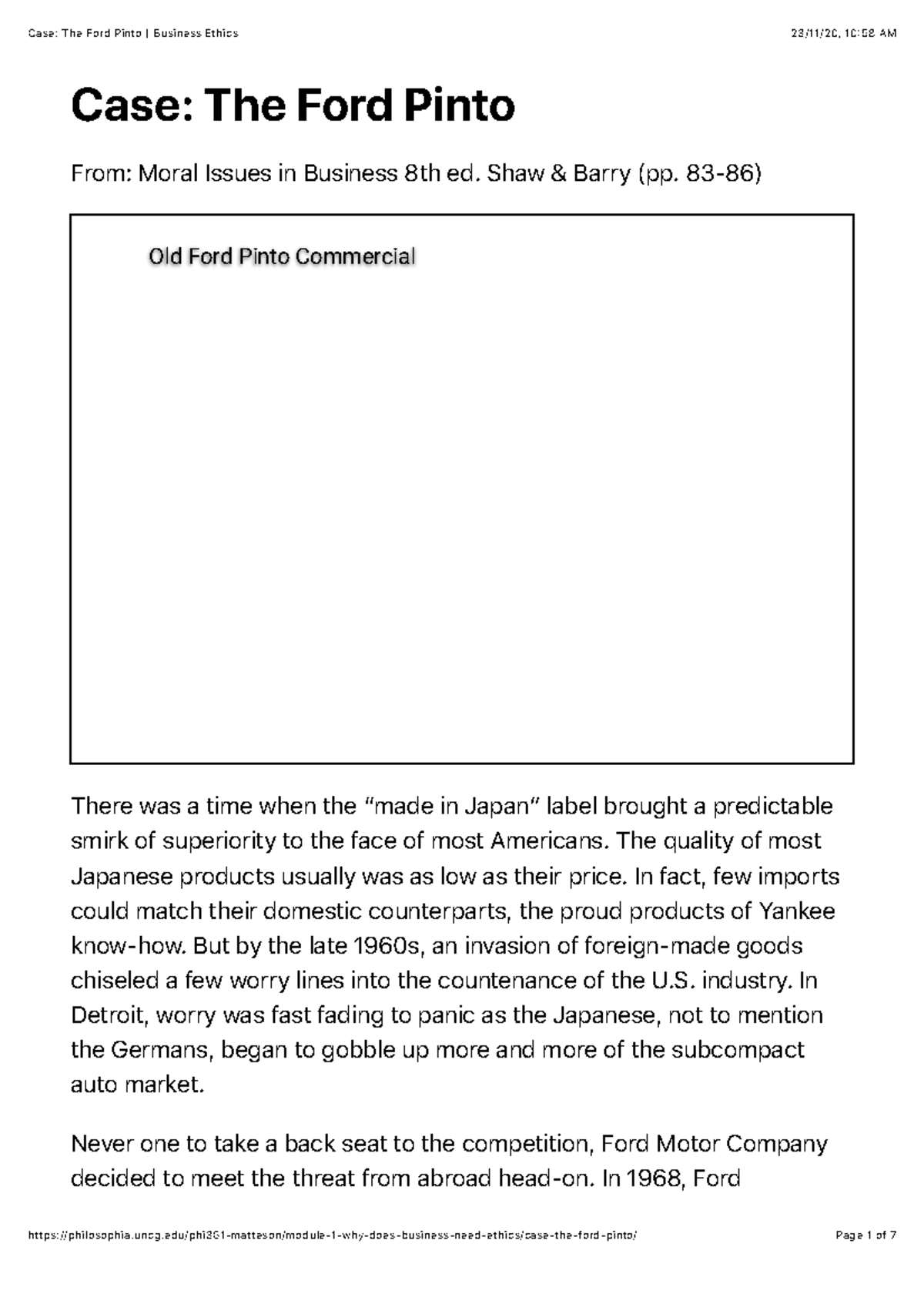 Case The Ford Pinto Business Ethics - Case: The Ford Pinto From: Moral ...