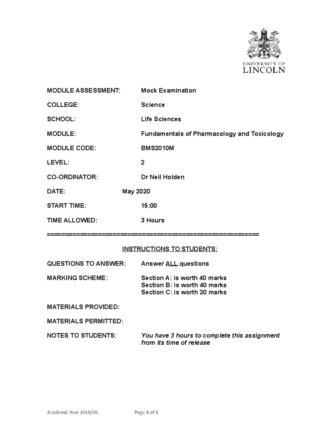 Mock TCA with answers - MODULE ASSESSMENT: Mock Examination COLLEGE: Science SCHOOL: Life ...