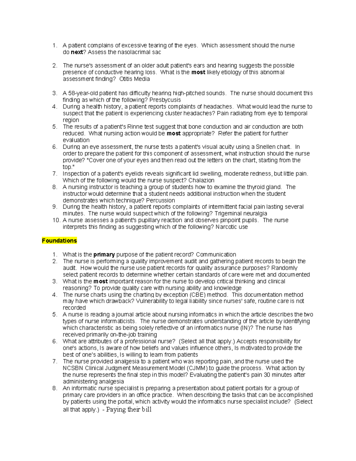 Health Assessment Module 2 study questions - 1. A patient complains of ...