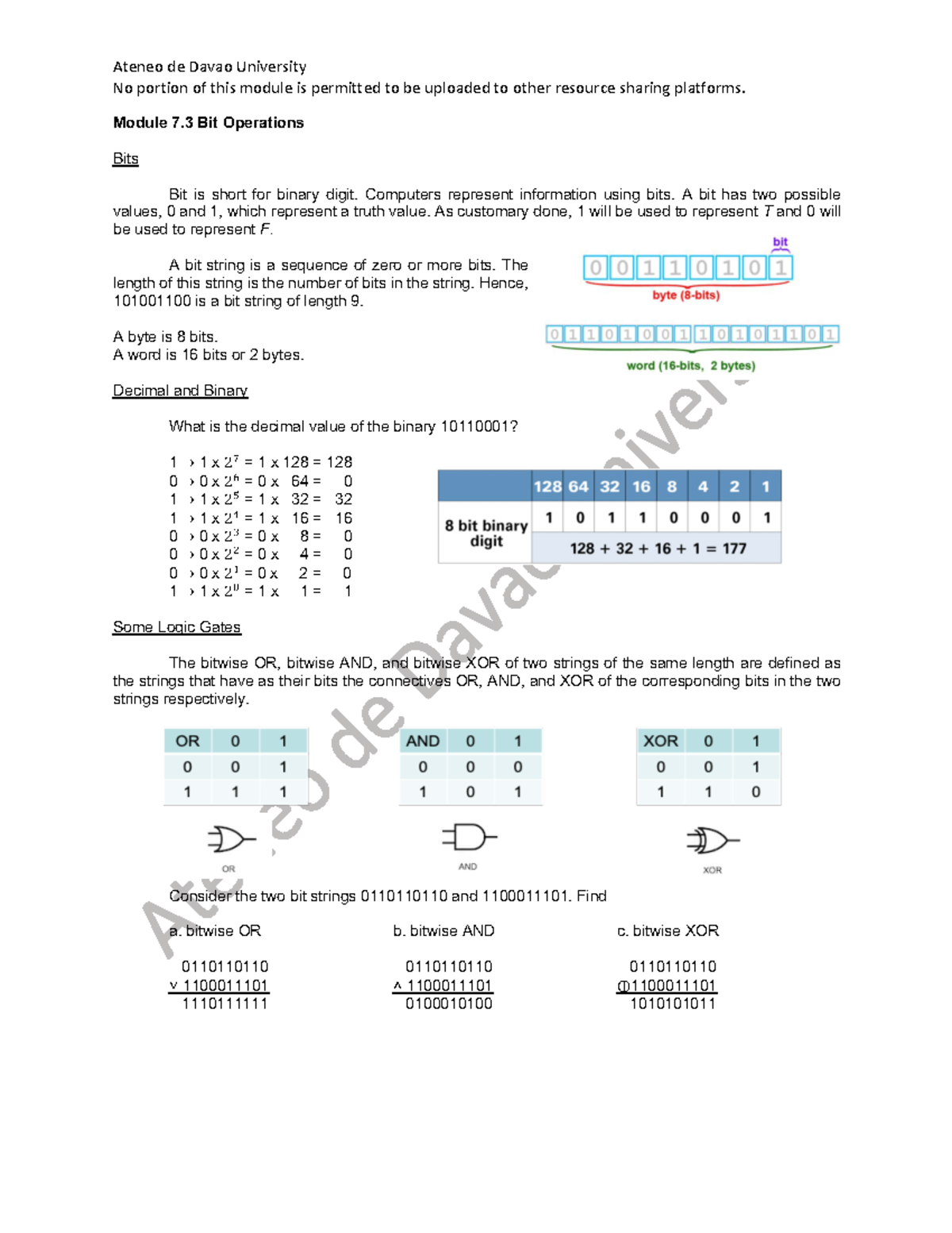Module 7.3 Bit Operations - Ateneo de Davao University No portion of ...