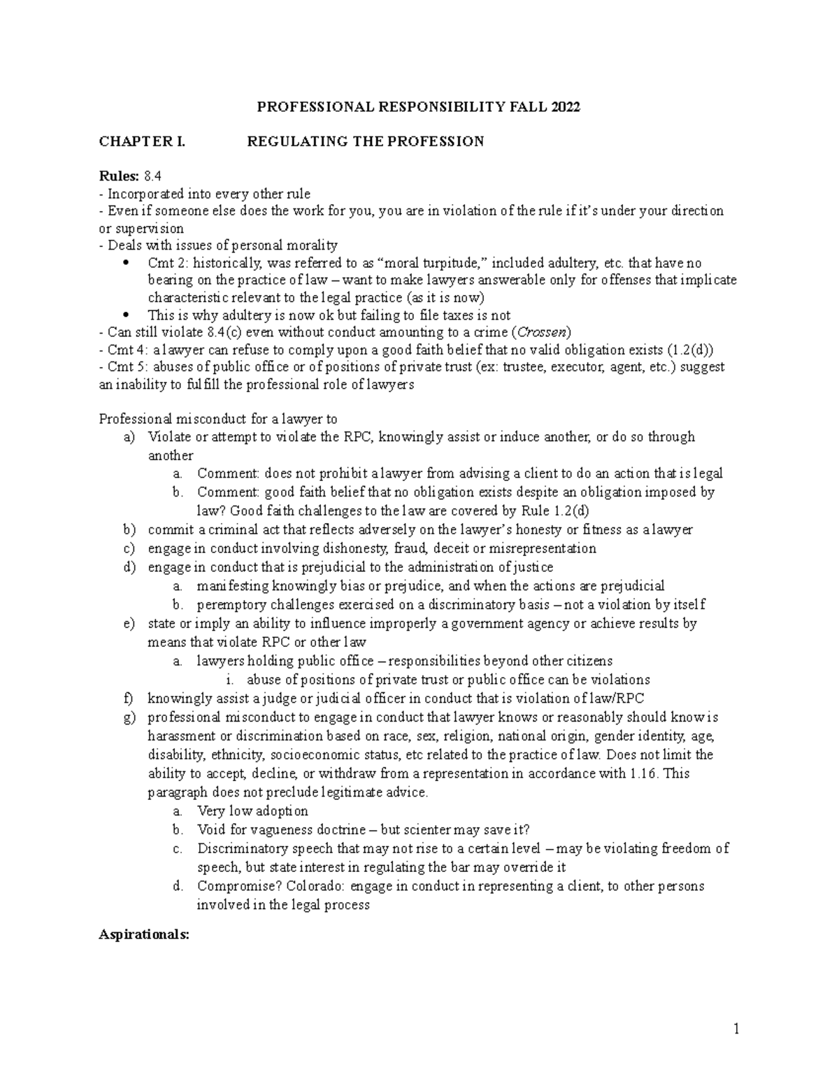 Outline PR - PR class - PROFESSIONAL RESPONSIBILITY FALL 2022 CHAPTER I ...