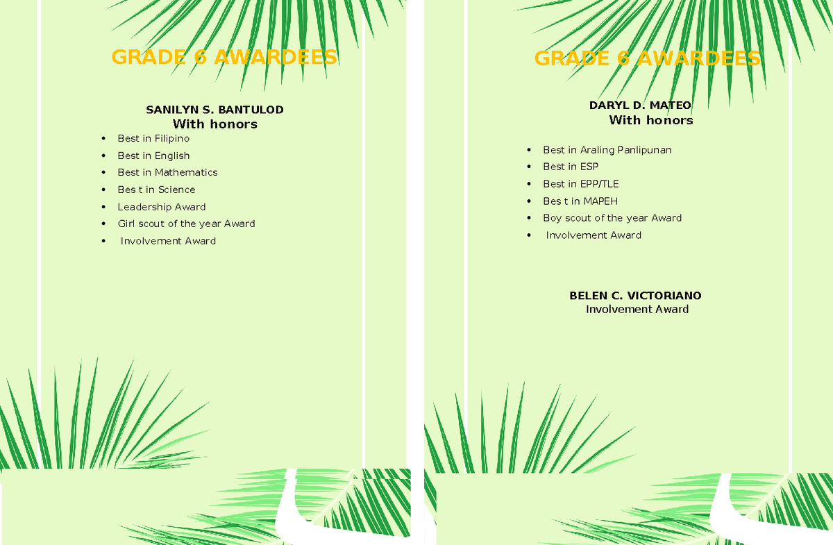 NAG UMA Official GRAD Program - GRADE 6 AWARDEES GRADE 6 AWARDEES ...