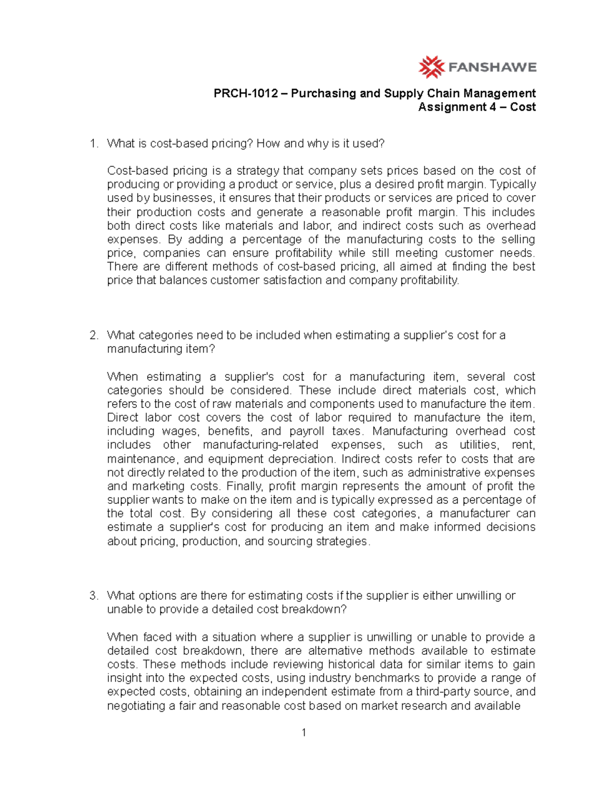 Assignment 4 - Cost - PRCH-1012 – Purchasing and Supply Chain Management Assignment 4 – Cost 1 ...