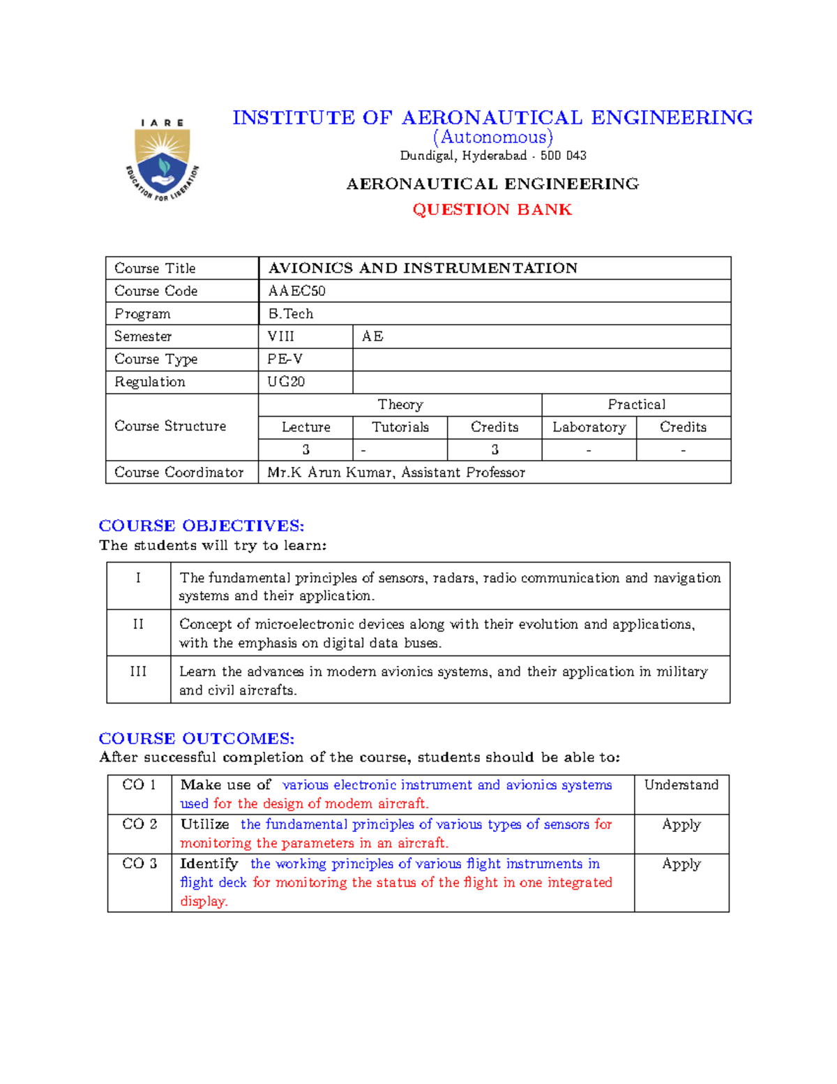 AE AAI QB UG23 - easy to understand - INSTITUTE OF AERONAUTICAL ENGINEERING (Autonomous ...