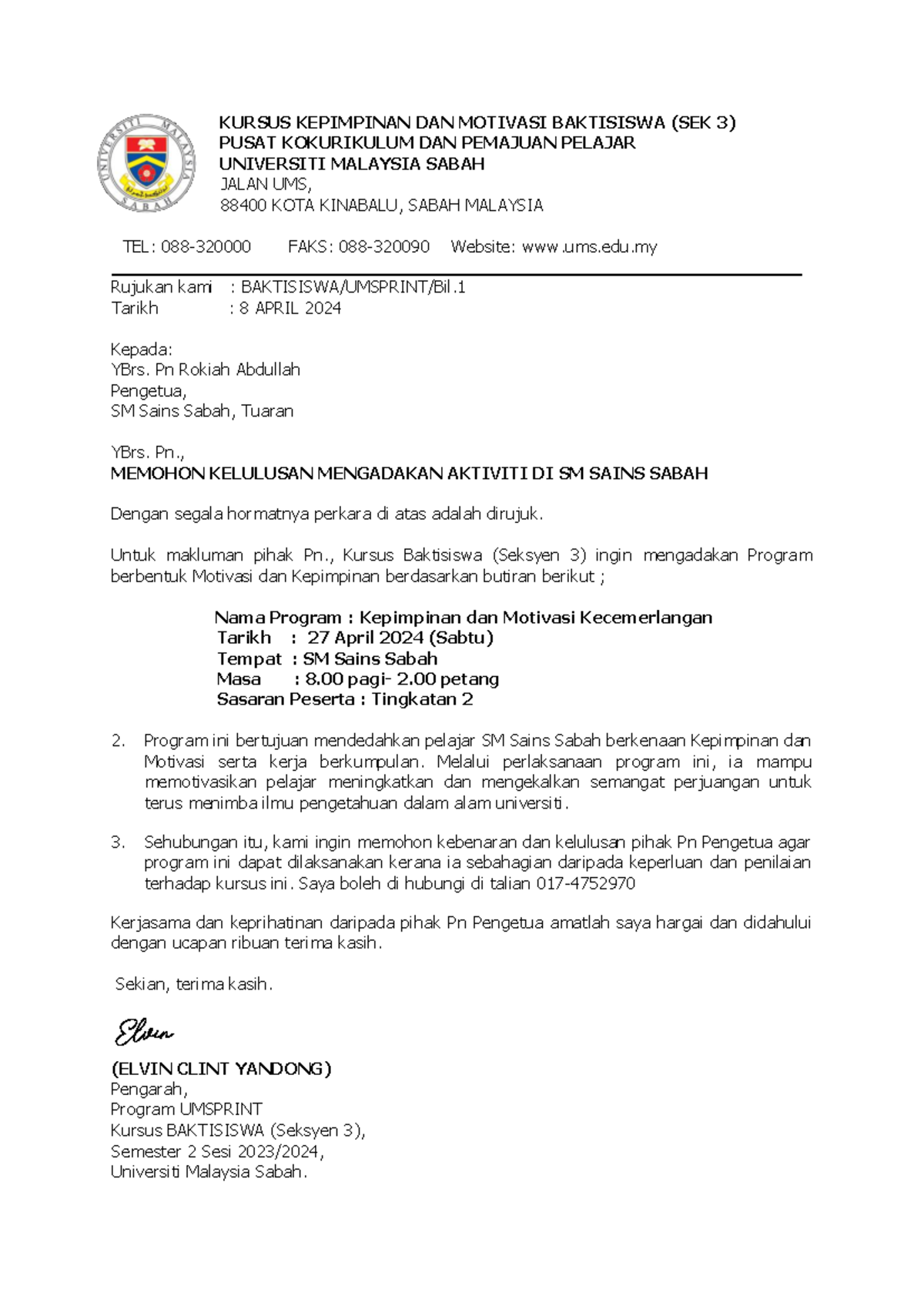 Surat Permohonan Program ( SM Sains Sabah ) - KURSUS KEPIMPINAN DAN ...