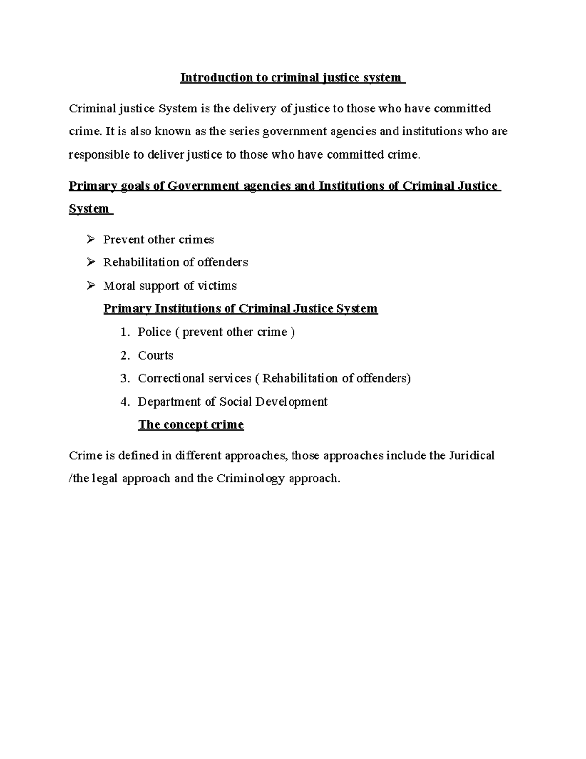 Introduction to criminal justice system notes - Introduction to ...