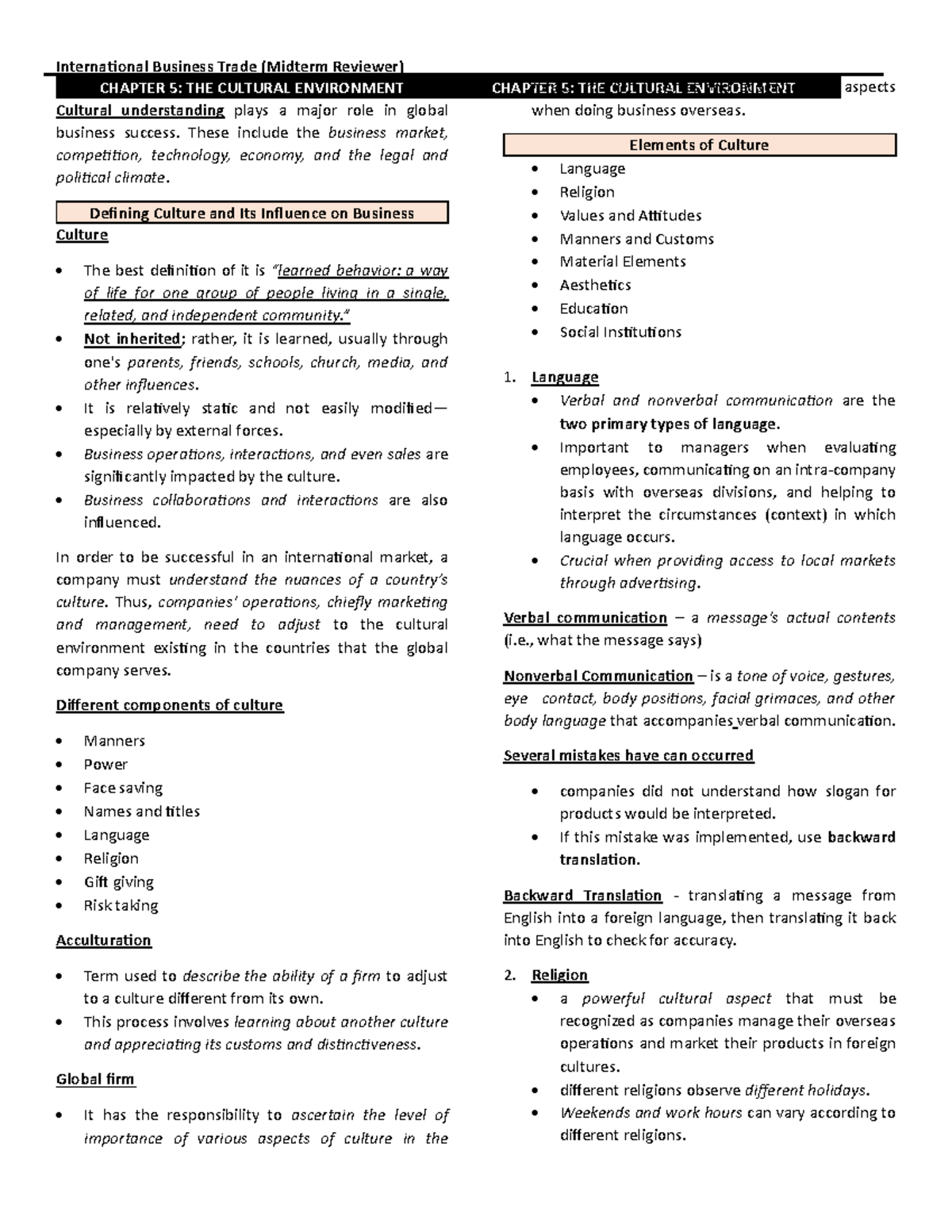 IBT- Reviewer- Midterm - CHAPTER 5: THE CULTURAL ENVIRONMENT CHAPTER 5 ...