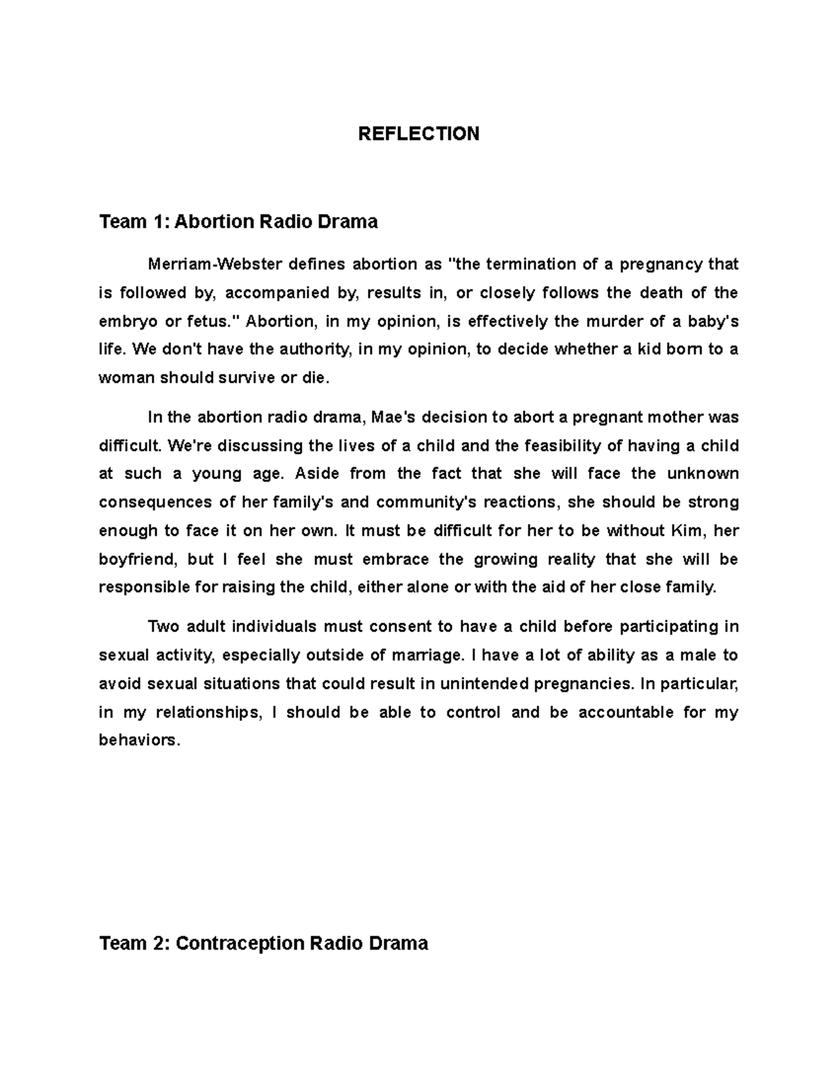 Radio-Drama-Reflection - REFLECTION Team 1: Abortion Radio Drama ...