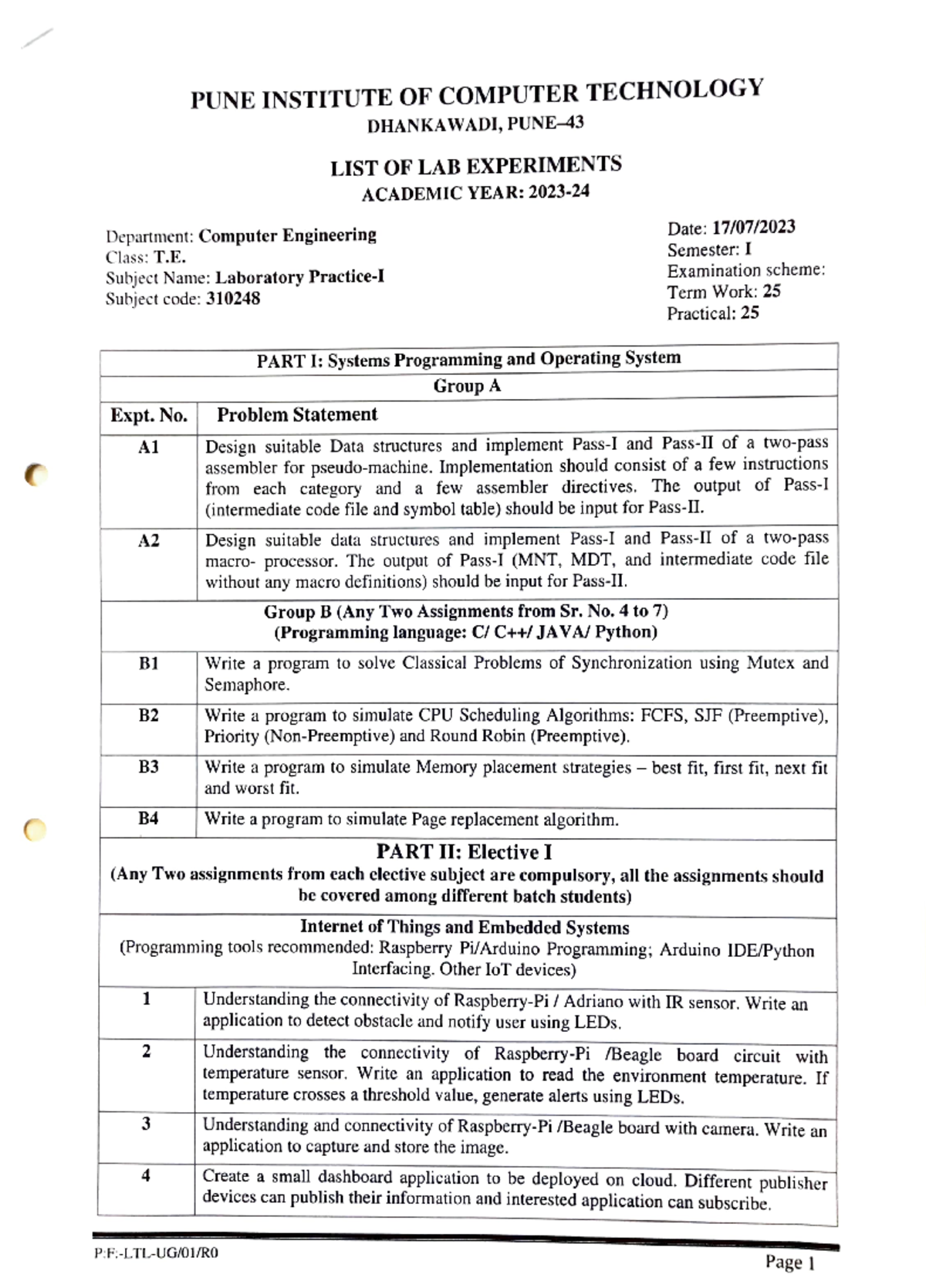 LP1 List of Assignments - Department: Computer Engineering Class: T. Expt. No. A Subject Name ...