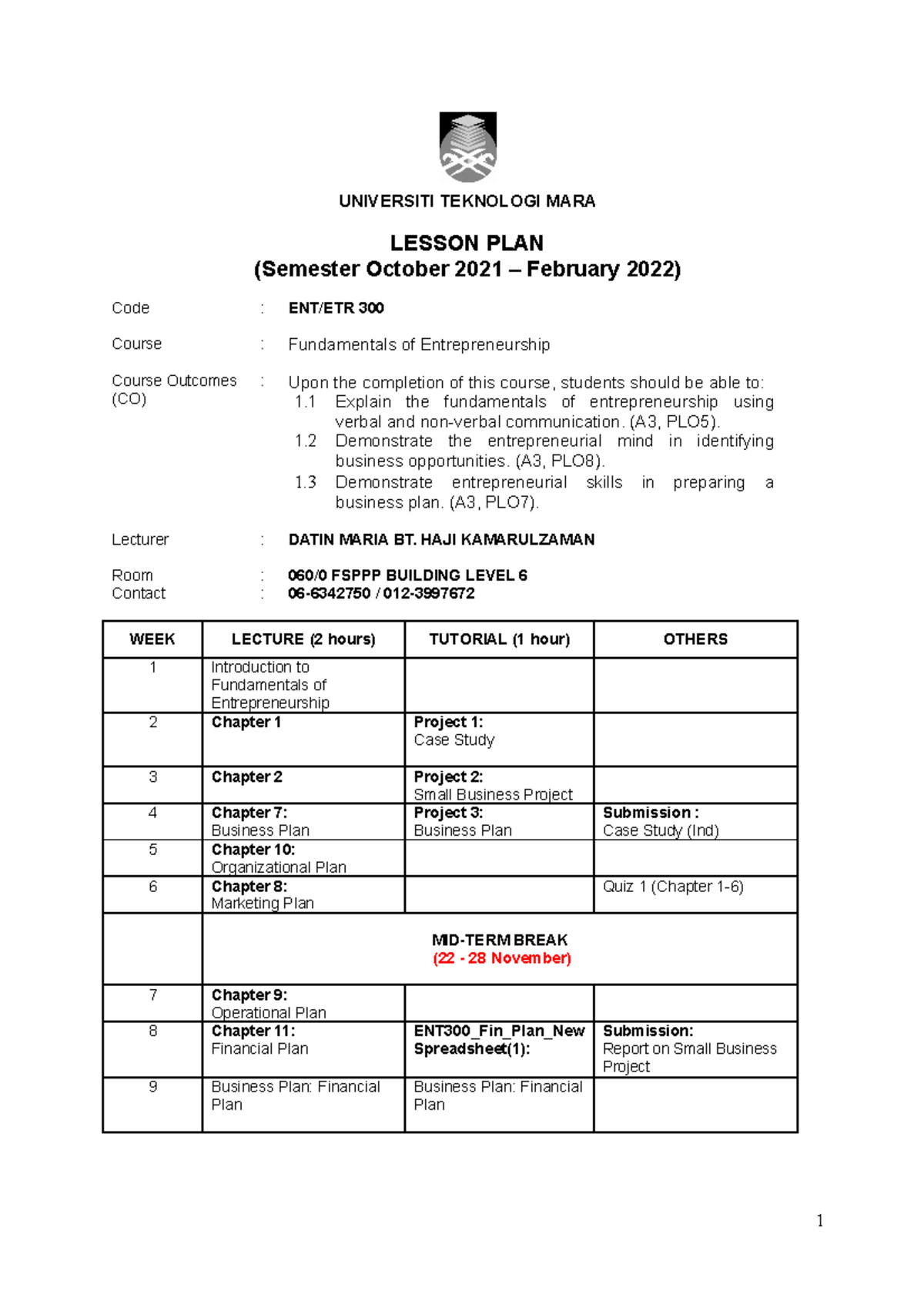 Lesson Plan ENT300 October 2021 - February 2022 - UNIVERSITI TEKNOLOGI ...