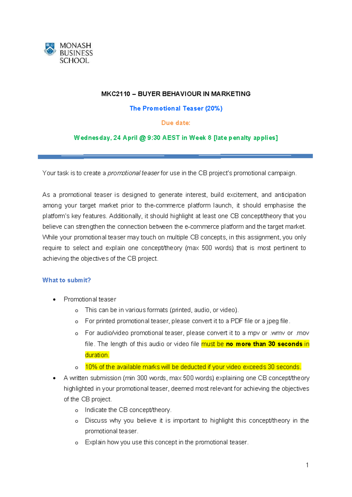 Promotional teaser Guidelines and Marking Rubric - 1 MKC2110 – BUYER ...