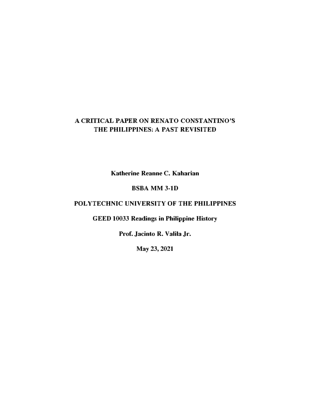 The Past Revisited - A CRITICAL PAPER ON RENATO CONSTANTINO’S THE ...