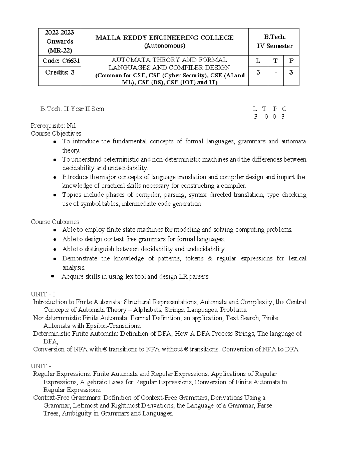 ATFL&CD Syllabus MR22- CSE-AIML-17-2-24-2-2 sem - 2022- Onwards (MR-22 ...