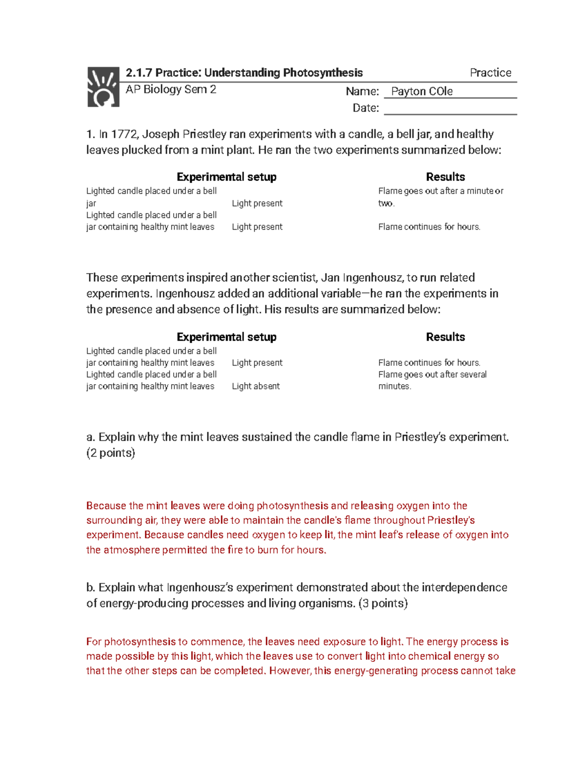 2.1.7 Practice - Understanding Photosynthesis (Practice).docx - 2.1 ...