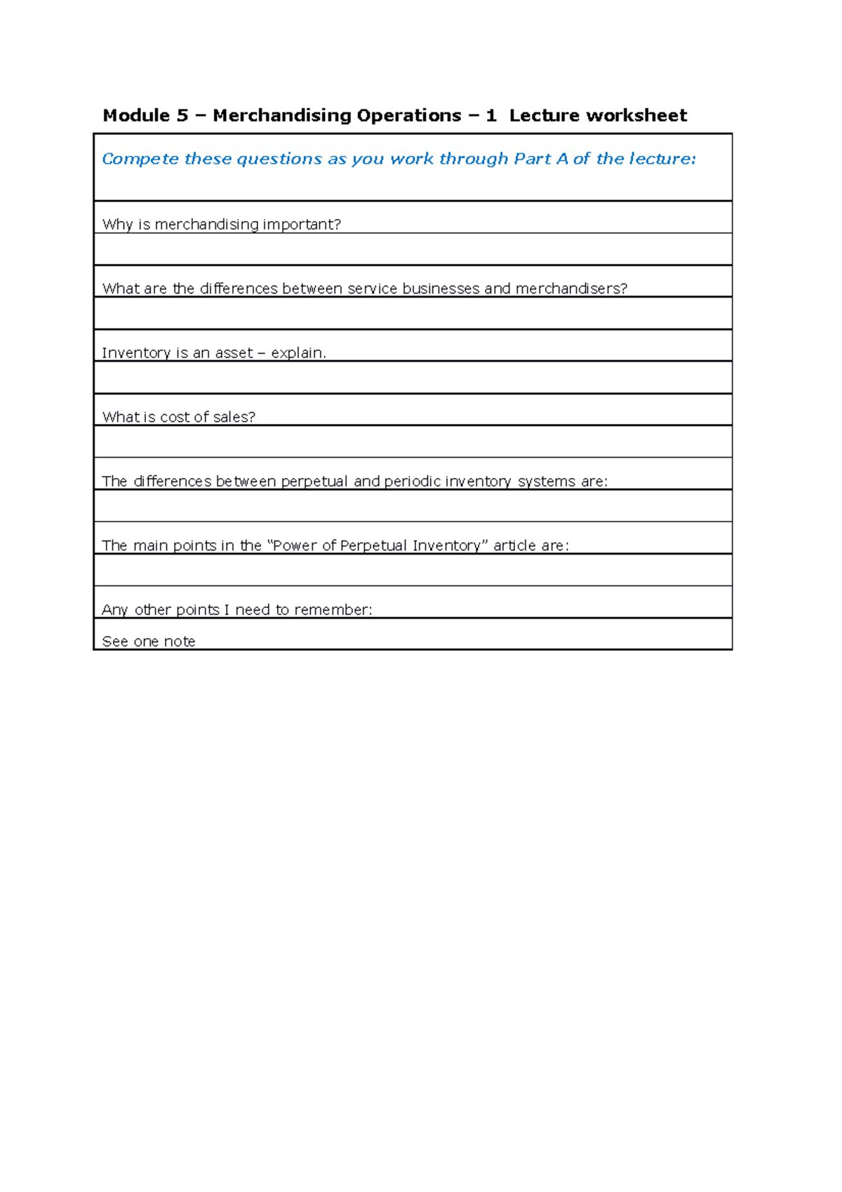 Module 5 Lecture worksheet - Module 5 – Merchandising Operations – 1 Lecture worksheet Compete ...