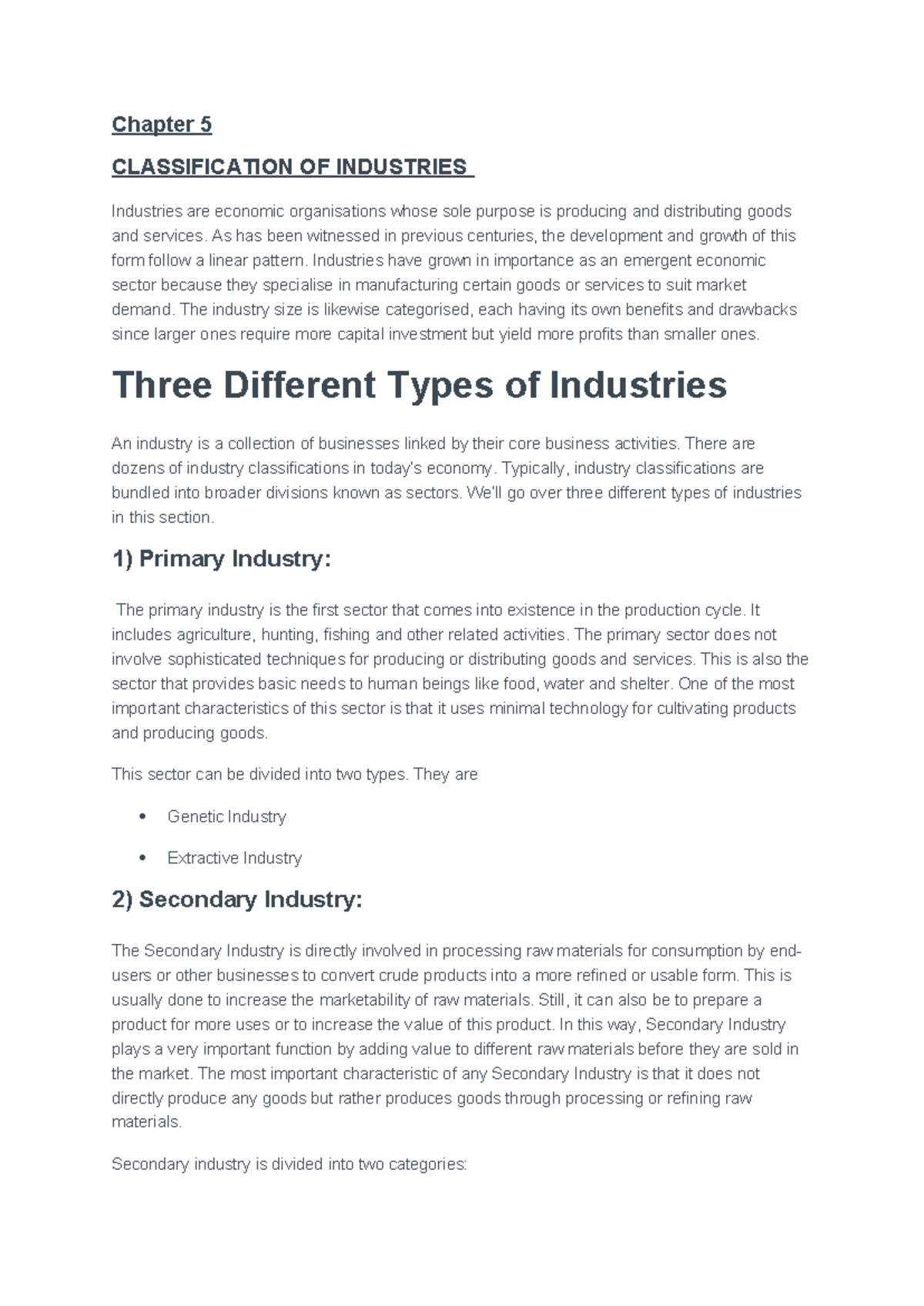 ECO final - Chapter 5 CLASSIFICATION OF INDUSTRIES Industries are ...