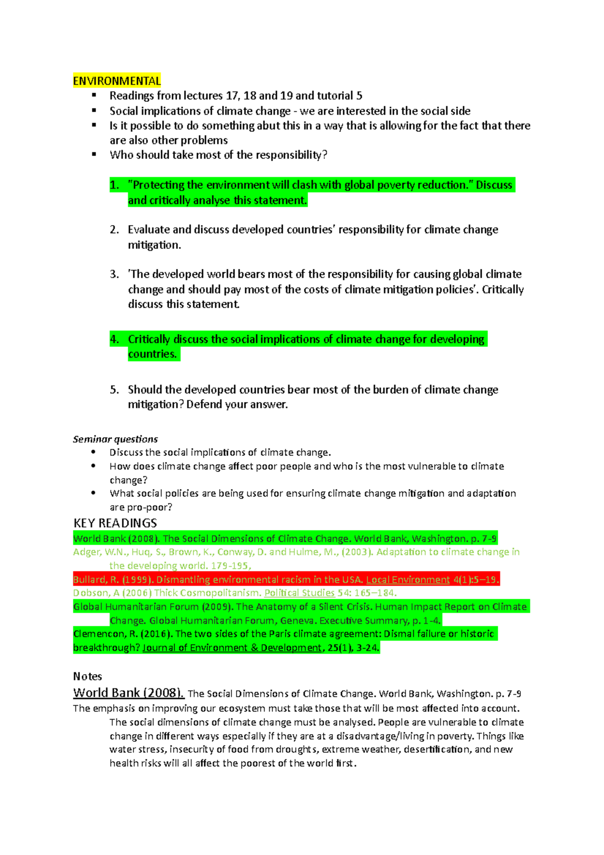 Environmental notes - ENVIRONMENTAL Readings from lectures 17, 18 and ...