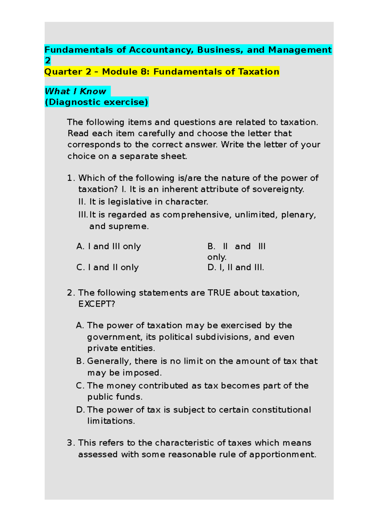 FABM Quarter 2 – Module B- Fundamentals of Taxation - Fundamentals of ...