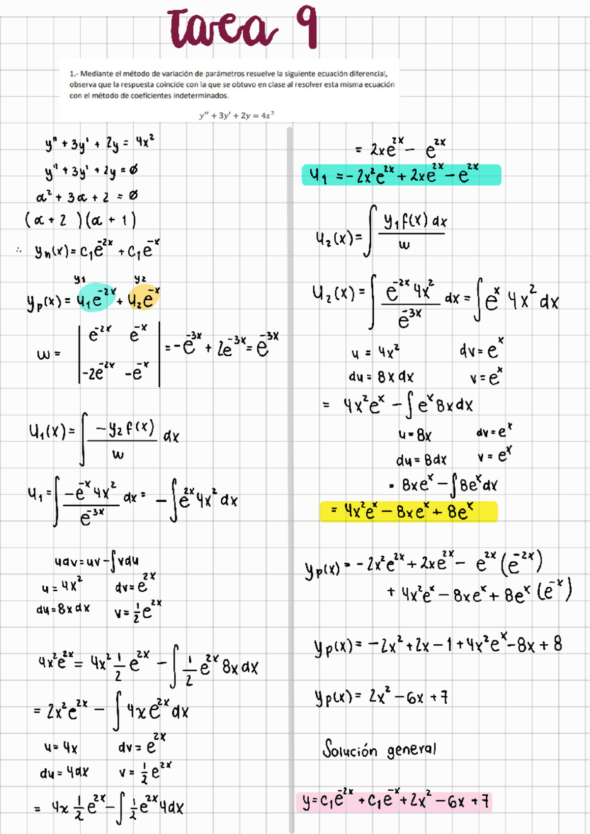 VARIACIÓN DE PARÁMETROS - Taea 9 Mediante el método de variación de ...