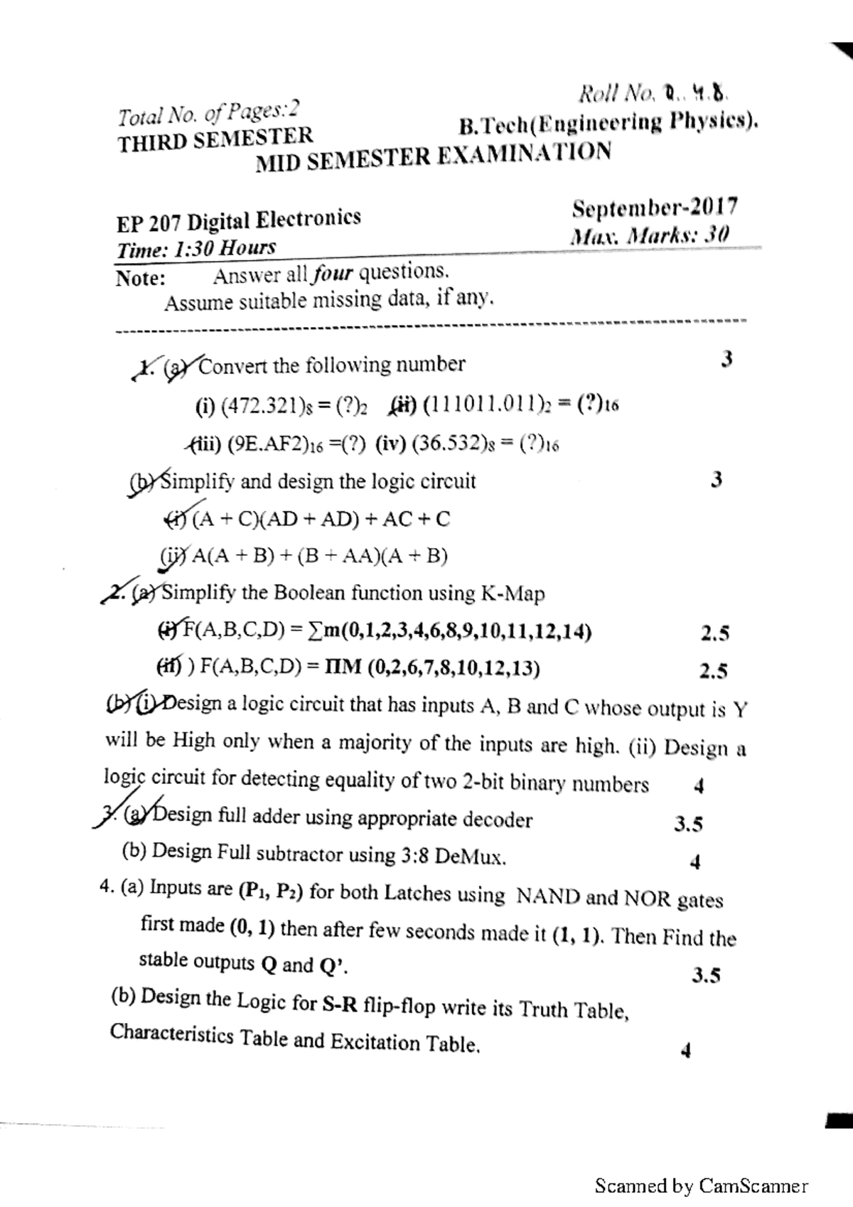 DE mid sem 2017 - Question on DE - Digital Electronics - Scanned by ...