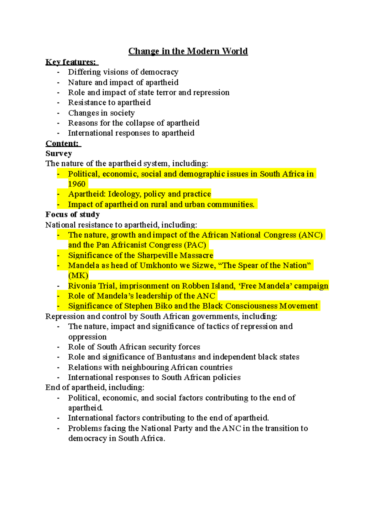 Change in the Modern World- Apartheid Summary - Change in the Modern ...