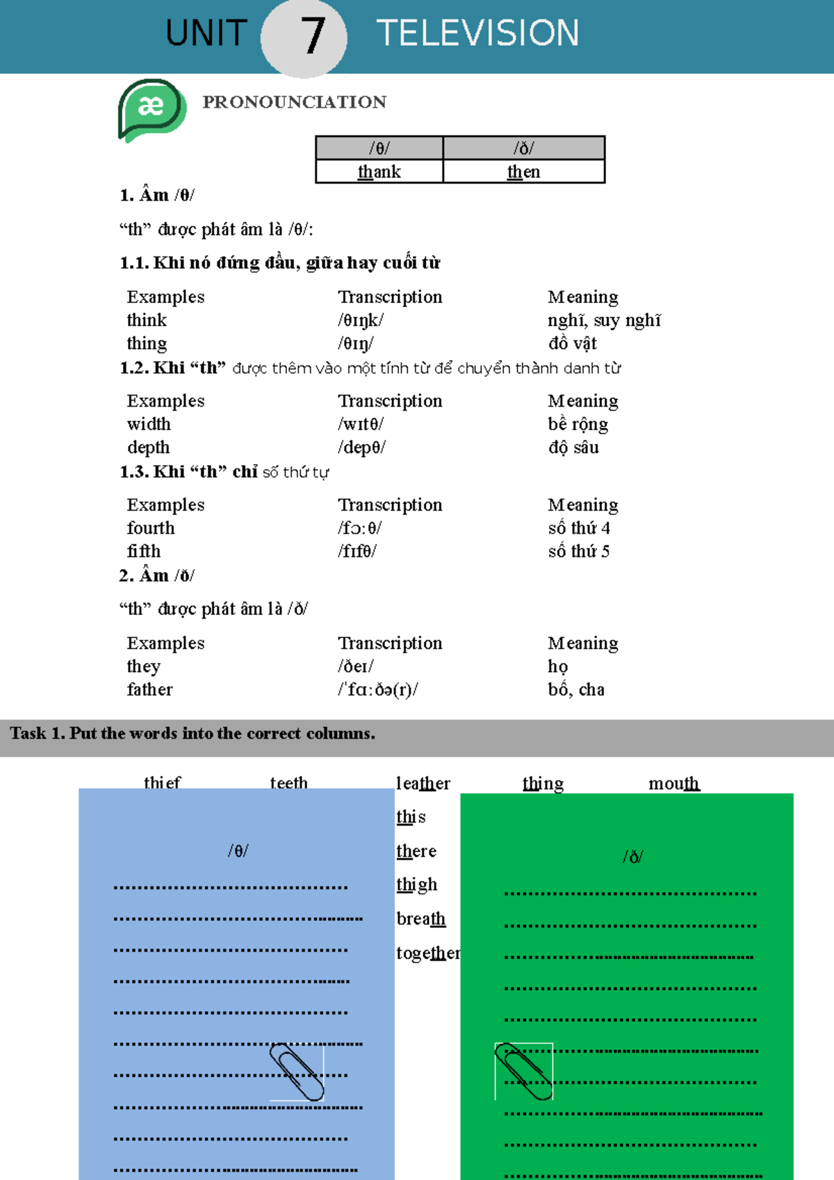 Grade 6- U7- Global Success - +* /θ/ /ð/ thank then Âm /θ/ “th” được phát âm là /θ/: Khi nó đứng ...