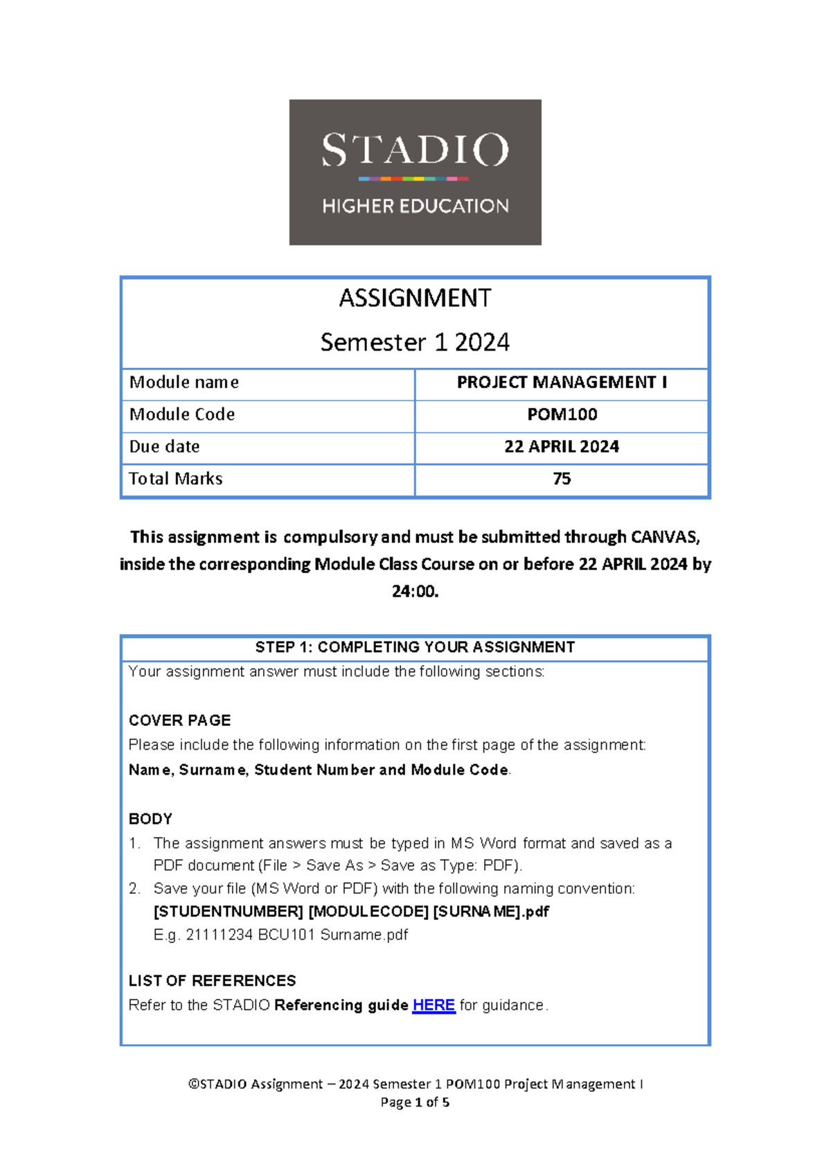 POM100 2024 01 ASMT - ©STADIO Assignment – 2024 Semester 1 POM100 Project Management I ...