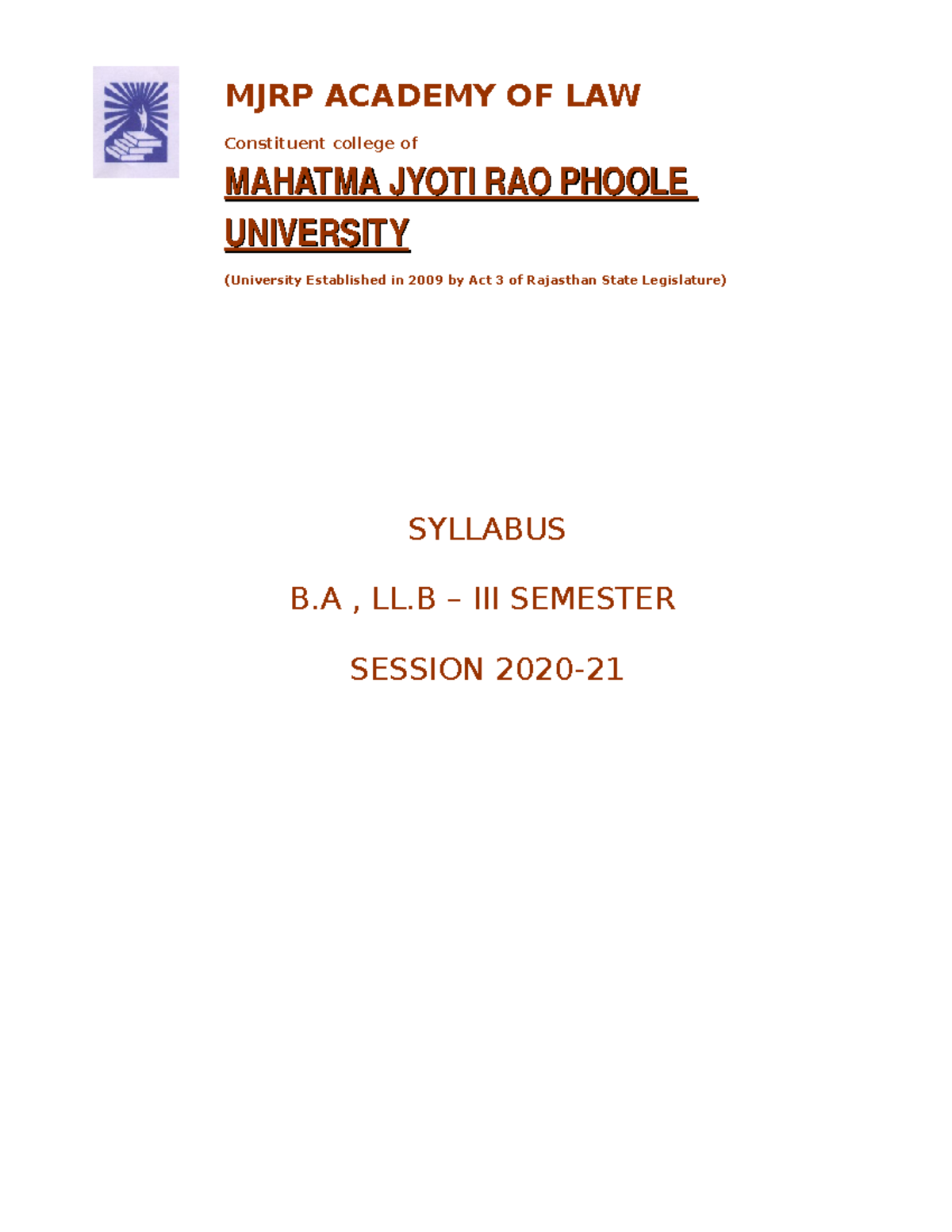 BA,LL.B. III SEM syllabus - MJRP ACADEMY OF LAW Constituent college of ...