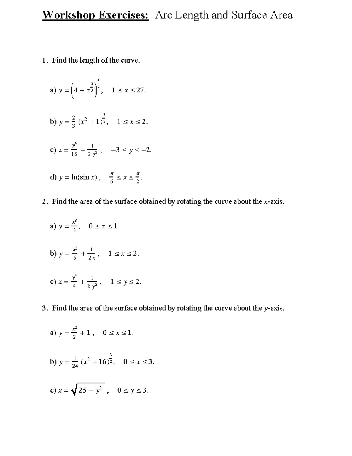 Arclength and Surface Area Exercises -2018 - Workshop Exercises: Arc ...