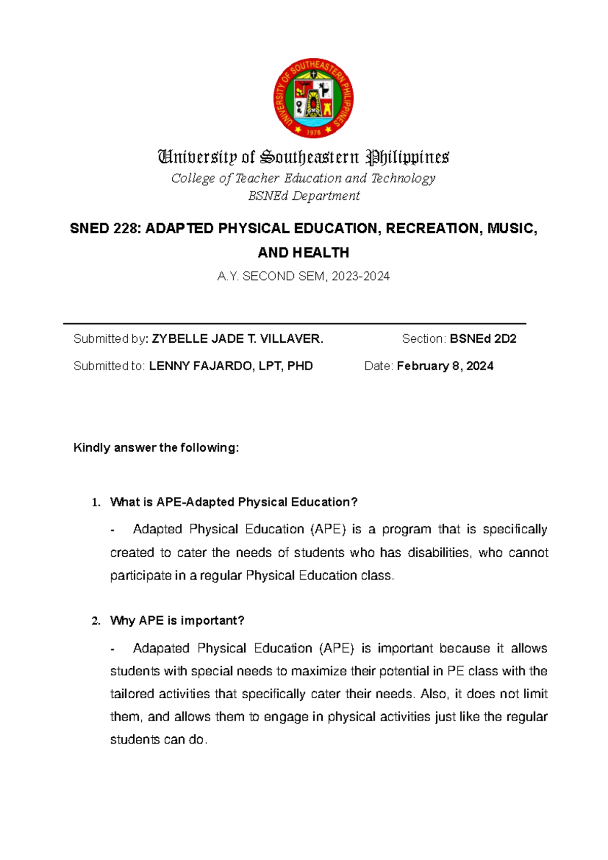 SNED 228 Activity 1 - University of Southeastern Philippines College of ...