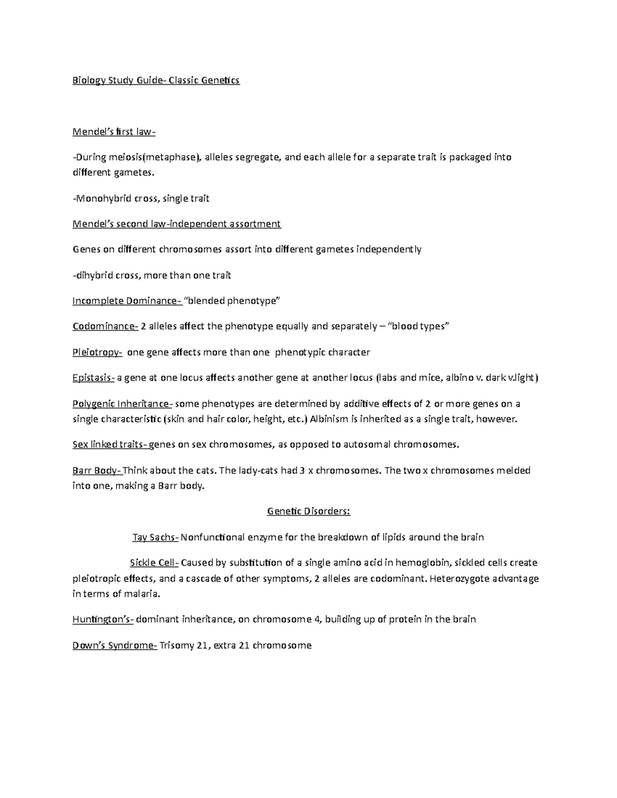 Genetics Study Guide - Biology Study Guide- Classic Genetics Mendel’s ...