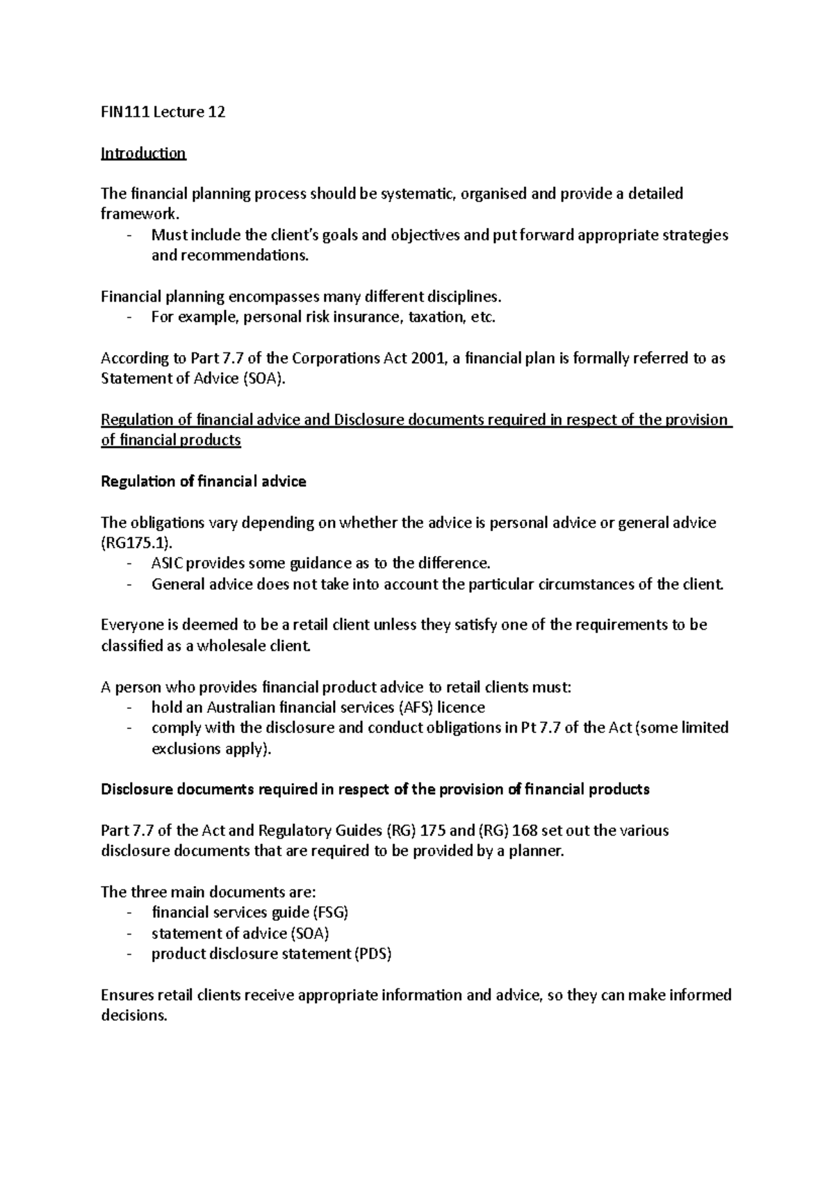 FIN111 Lecture 12. - FIN111 Lecture 12 Introduction The financial ...